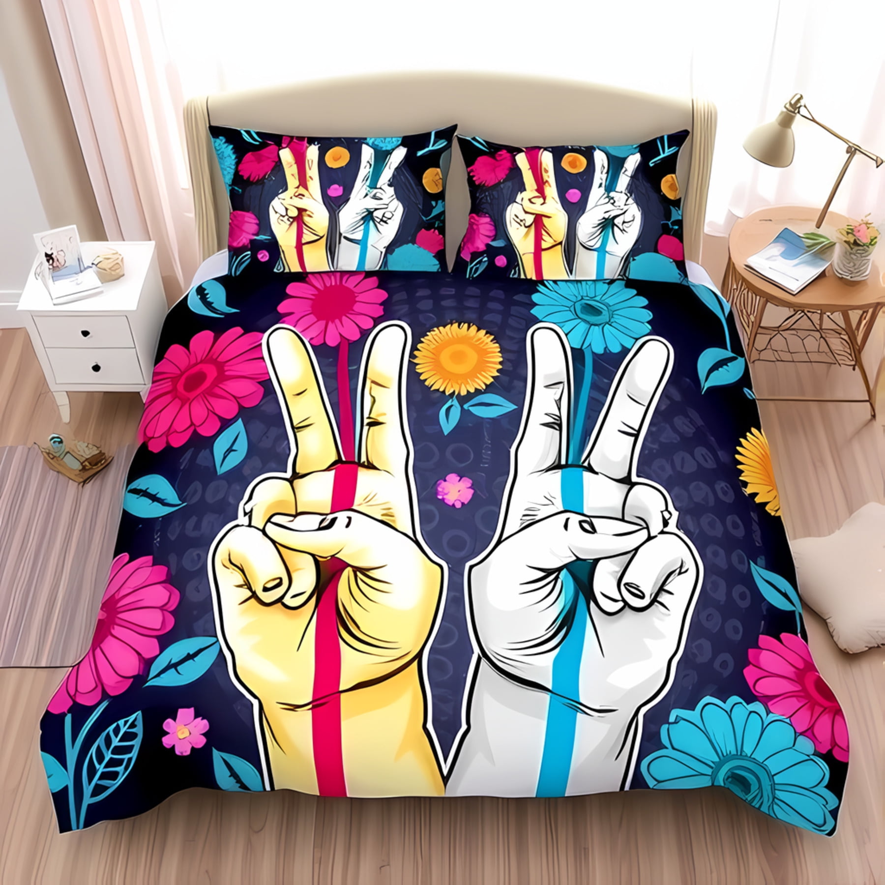 3-Piece Duvet Cover Set with Vibrant Peace Sign and Floral Design on ...