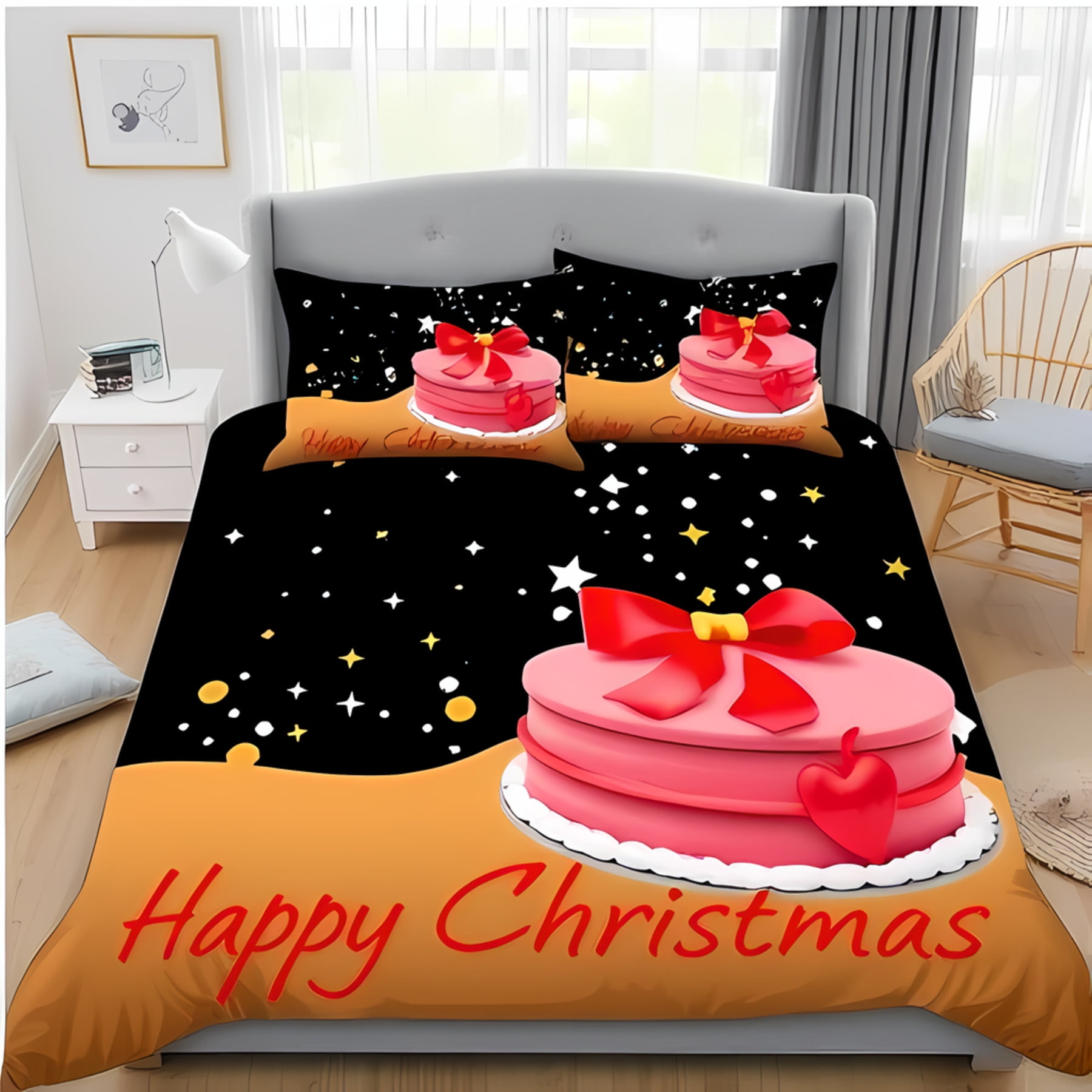 3-Piece Duvet Cover Set with Vibrant Pink Cake Design Red Bow Black ...