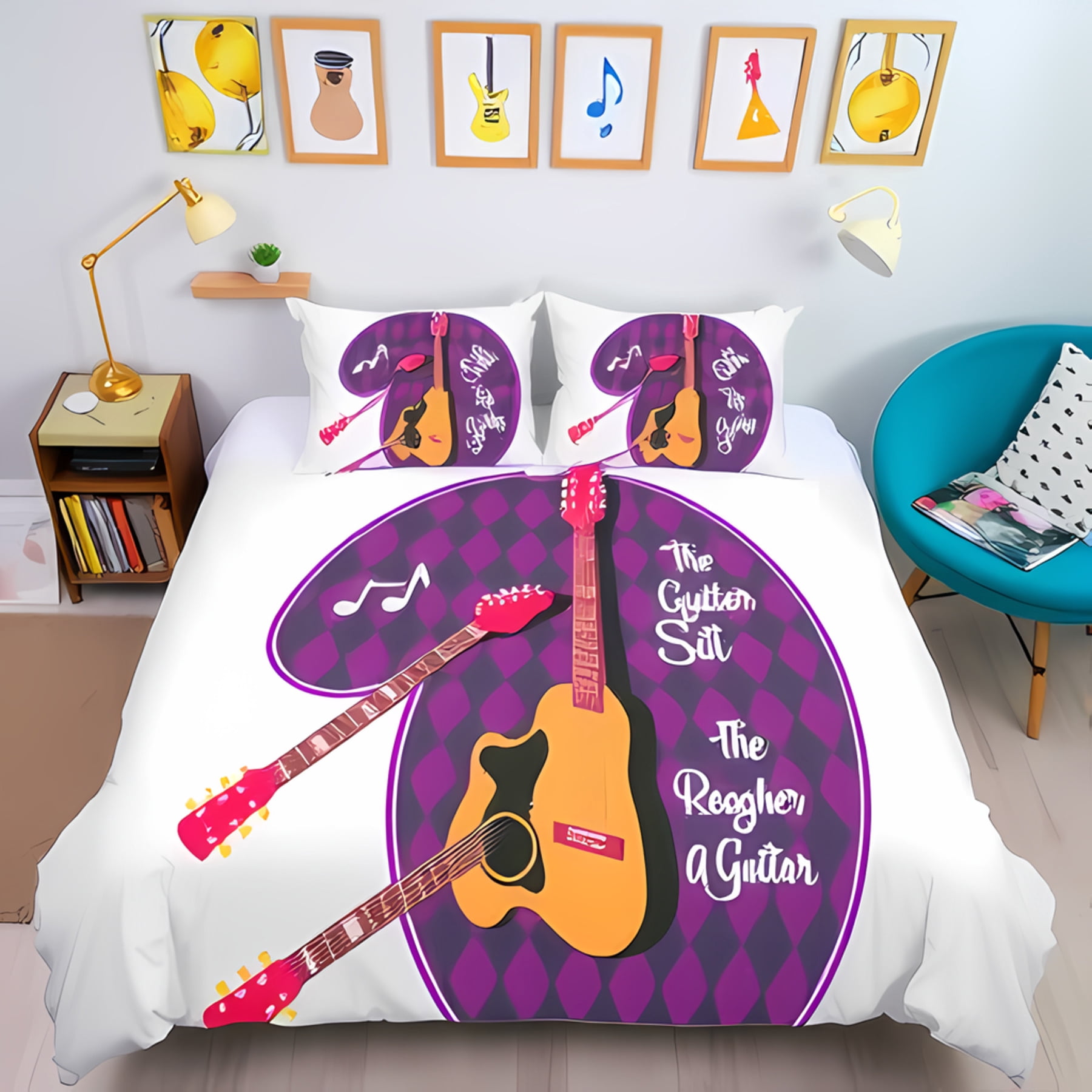 3-Piece Duvet Cover Set with Vibrant Purple Diamond Pattern Guitars ...