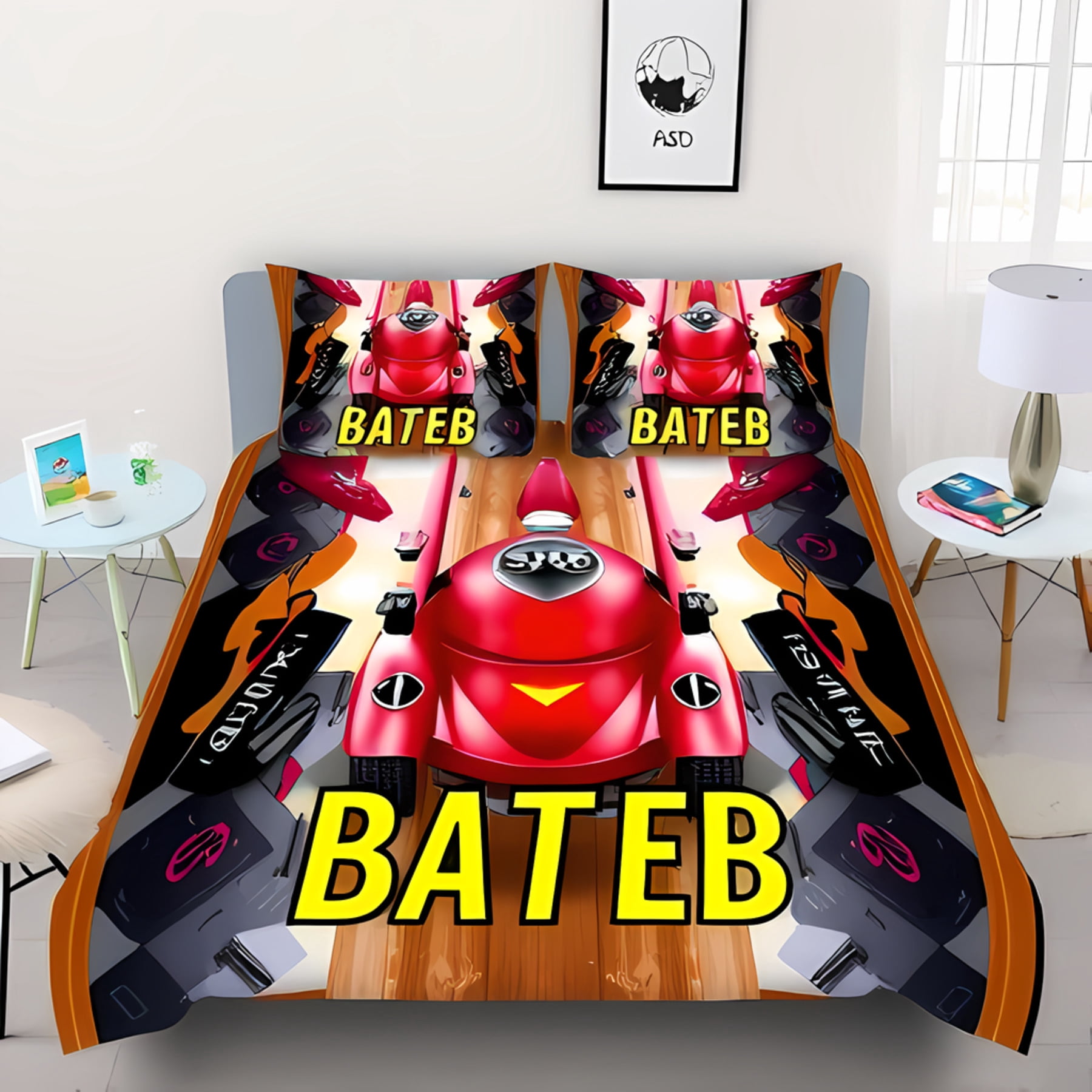 3-Piece Duvet Cover Set with Vibrant Red Car Design Playful Checkered ...