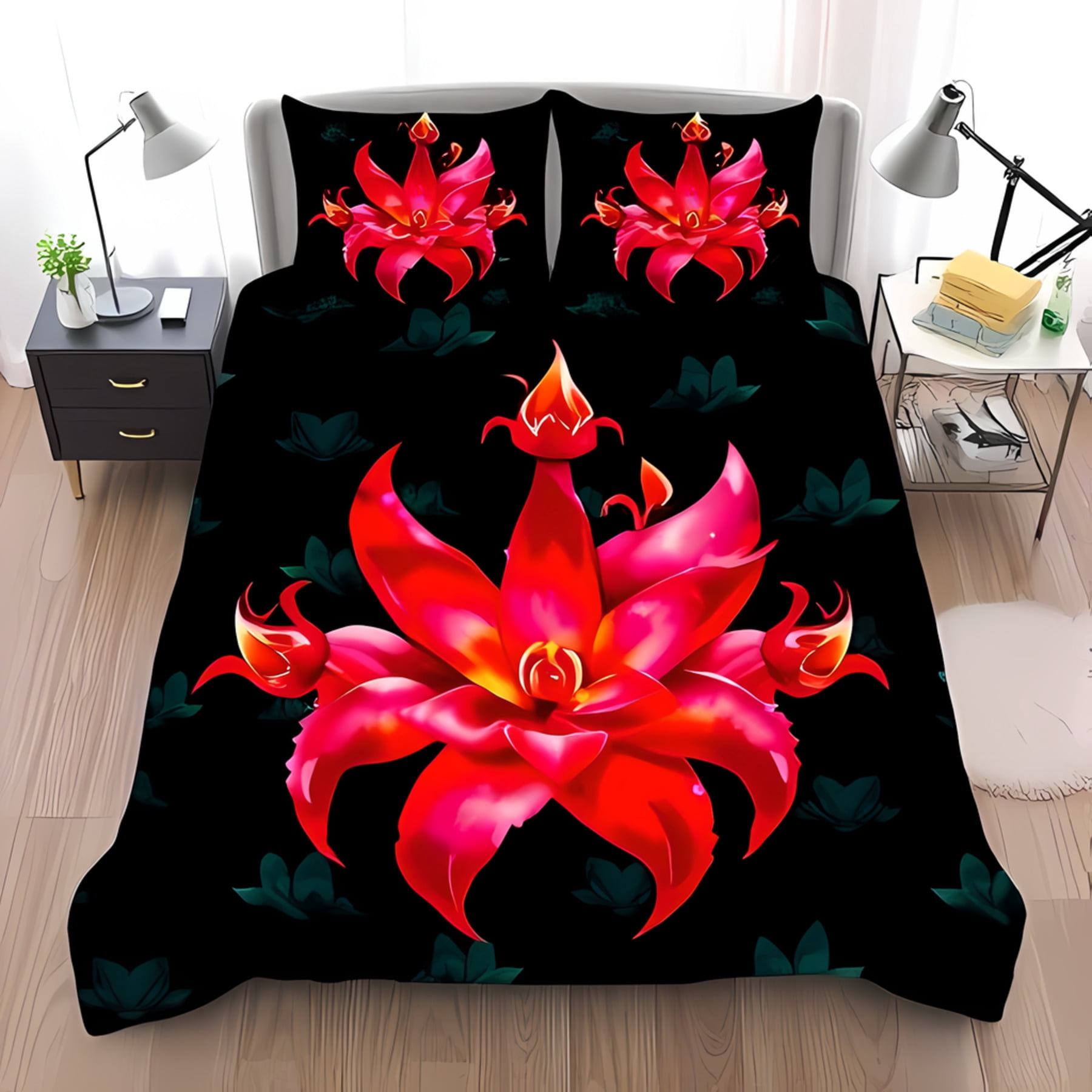 3-Piece Duvet Cover Set with Vibrant Red Flower Design on Black Fabric ...