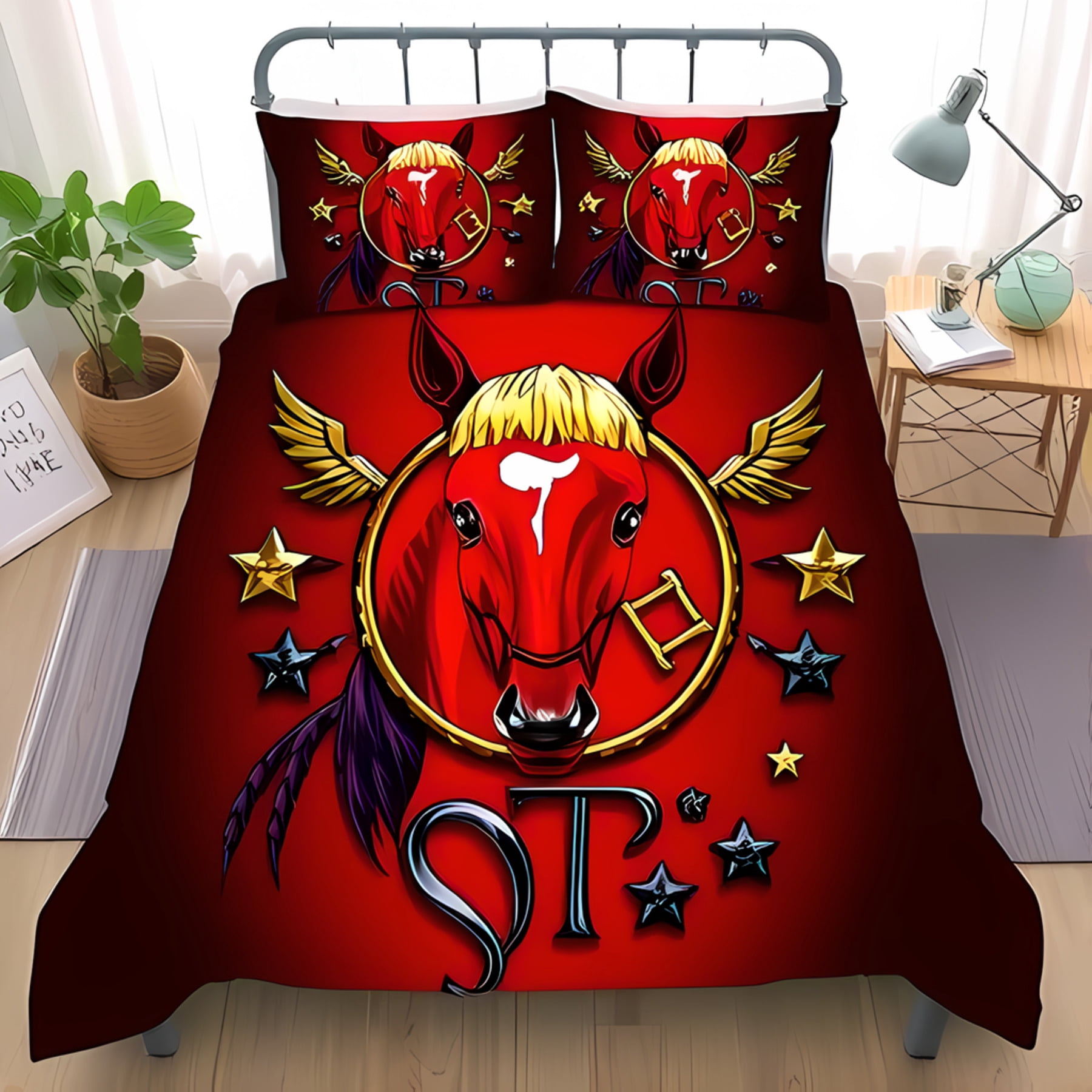 3-Piece Duvet Cover Set with Vibrant Red Horse Head Design Golden Wings ...