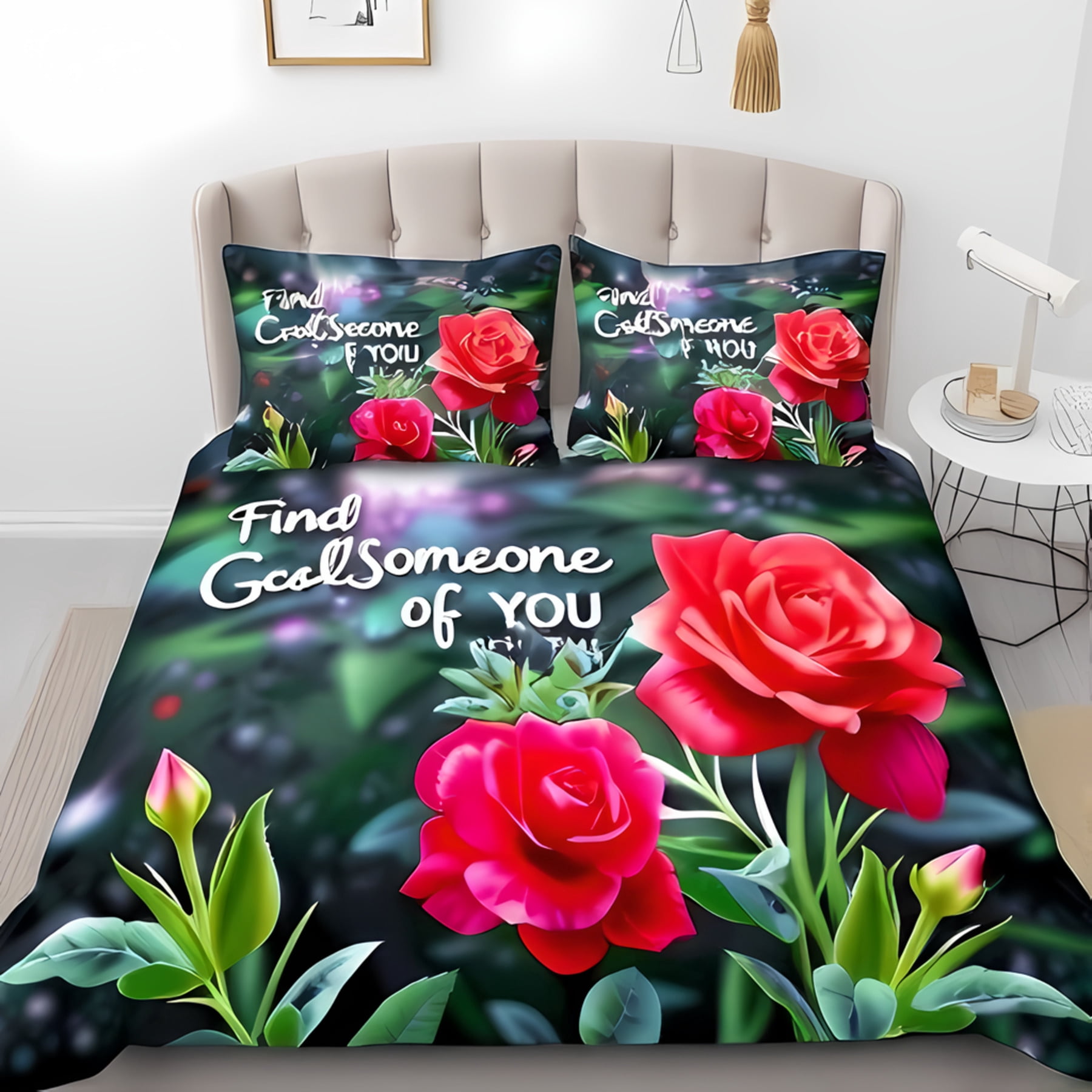 3-Piece Duvet Cover Set with Vibrant Red Roses and Whimsical 'Find ...