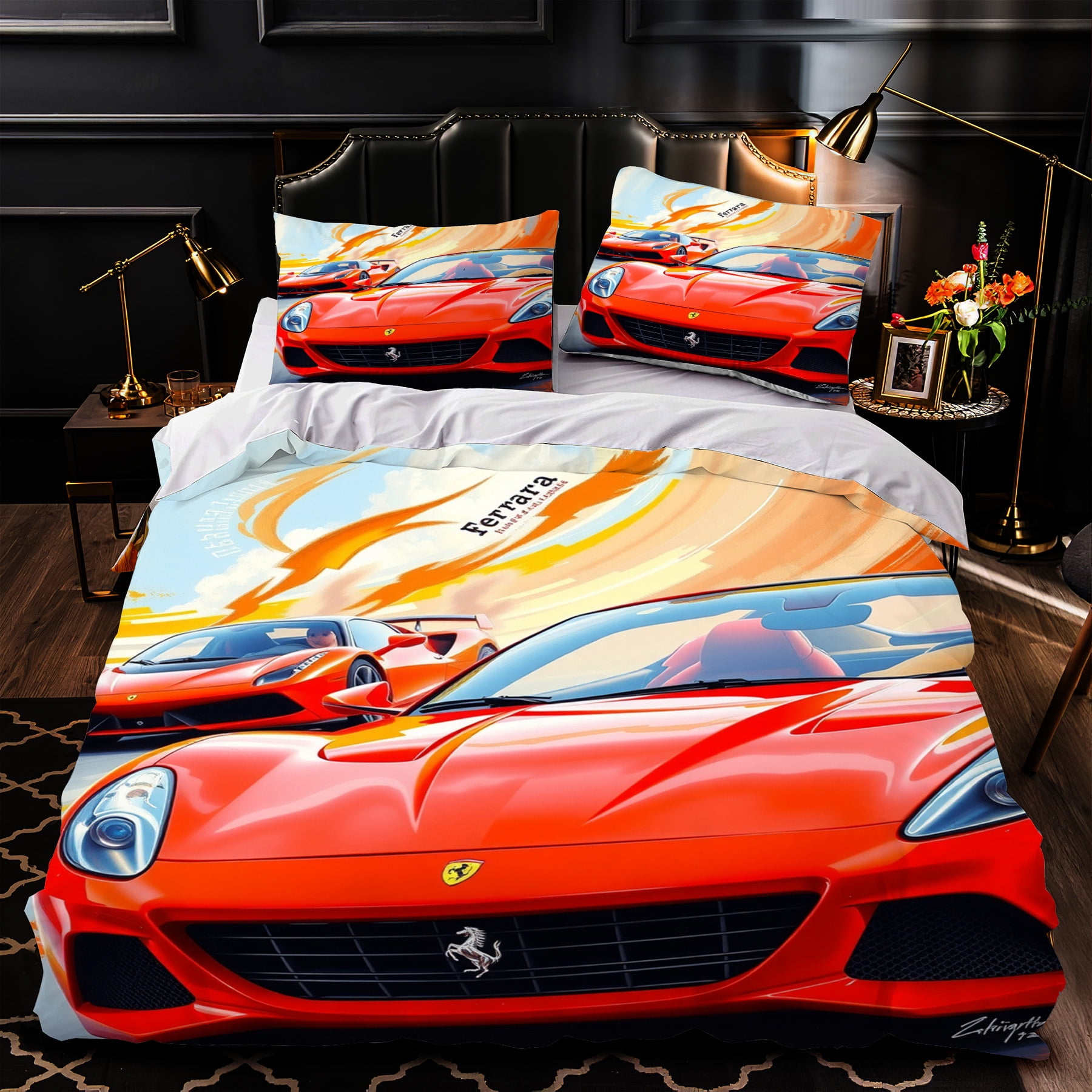 3-Piece Duvet Cover Set with Vibrant Red Sports Car Design Sleek Lines ...