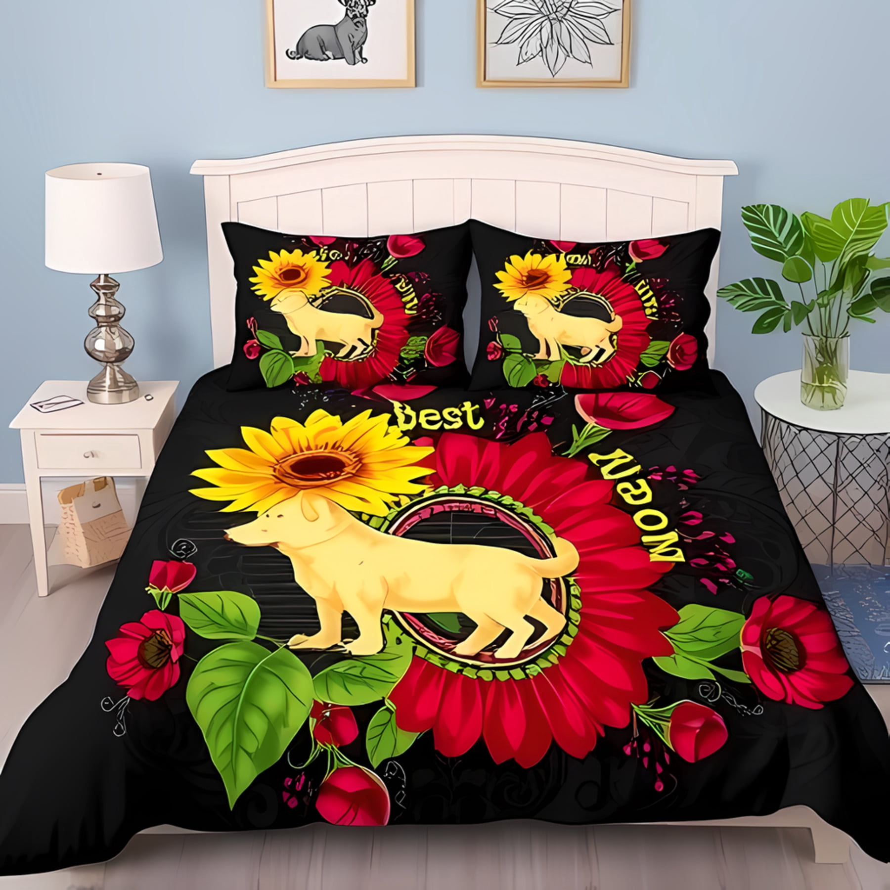 3-Piece Duvet Cover Set with Vibrant Red & Yellow Sunflowers Cartoon ...