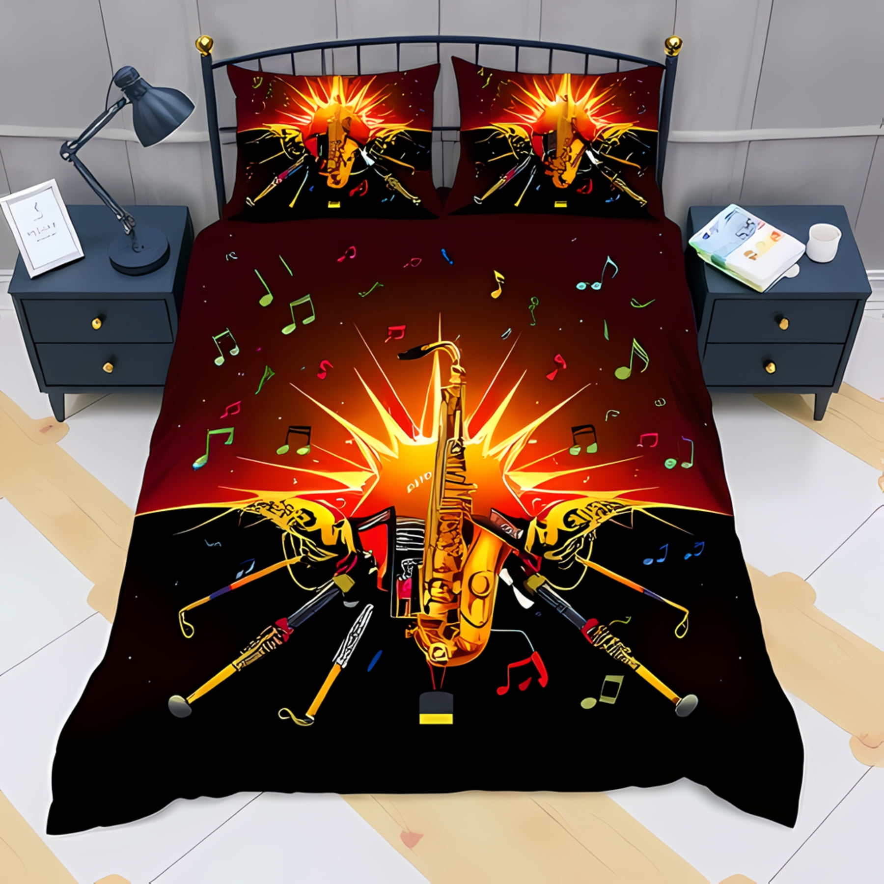3-Piece Duvet Cover Set with Vibrant Saxophone and Musical Instruments ...
