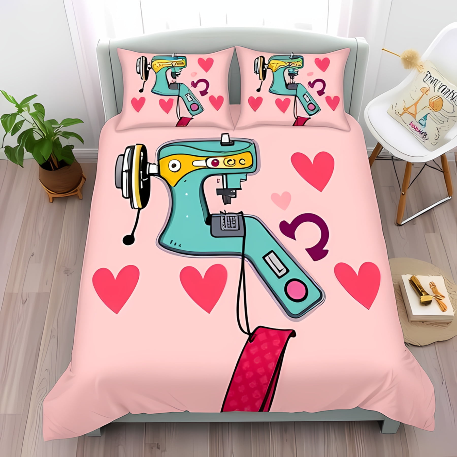 3-Piece Duvet Cover Set with Vibrant Sewing Machine Motif - Soft Pink ...