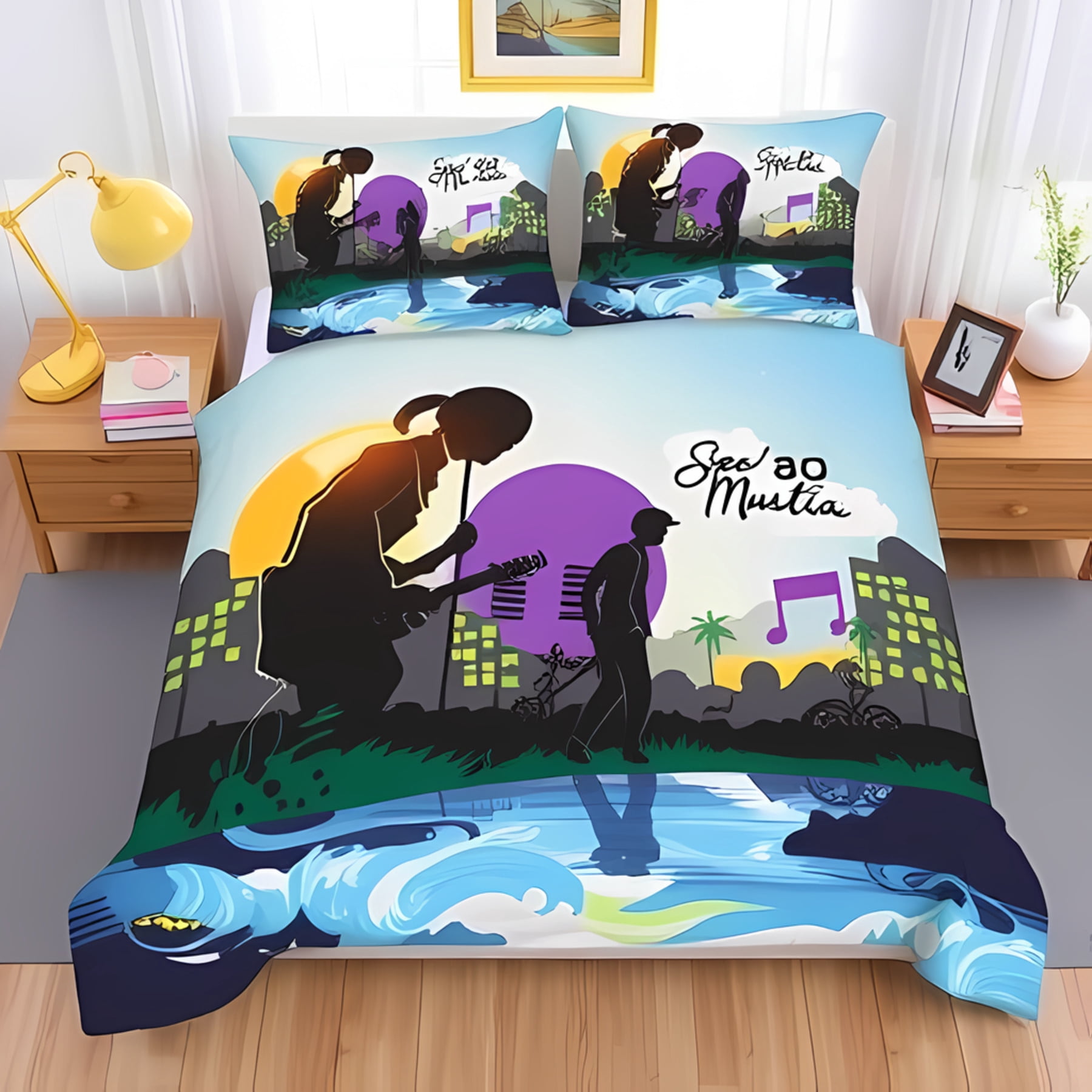 3-Piece Duvet Cover Set with Vibrant Silhouetted Music Scene Cityscape ...