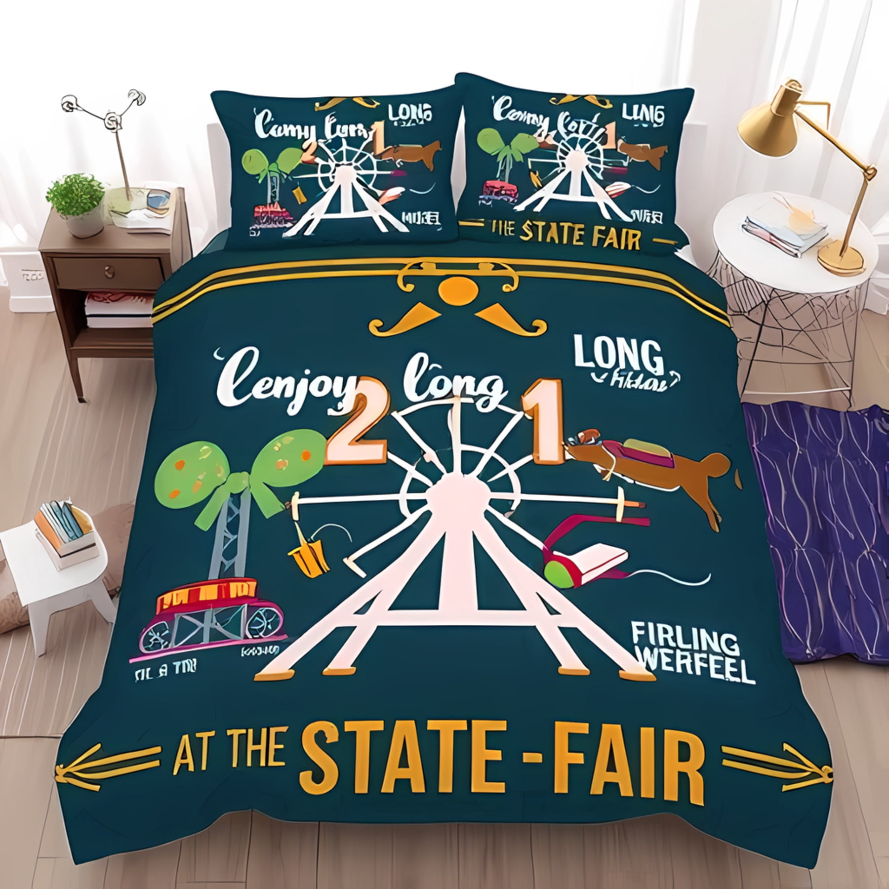 3-Piece Duvet Cover Set with Vibrant State Fair Design - Ferris Wheel ...