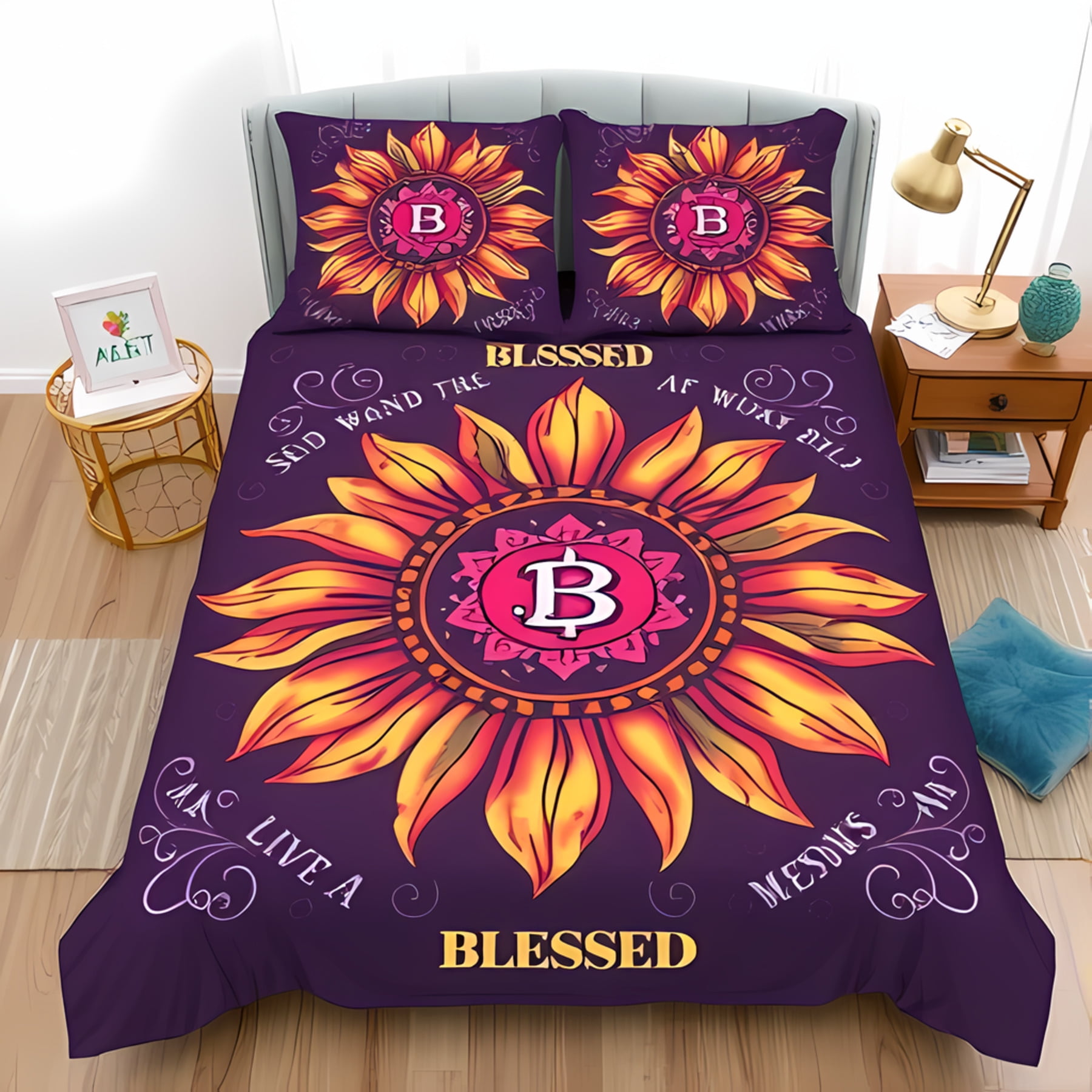 3-Piece Duvet Cover Set with Vibrant Sunflower Motif on Deep Purple ...