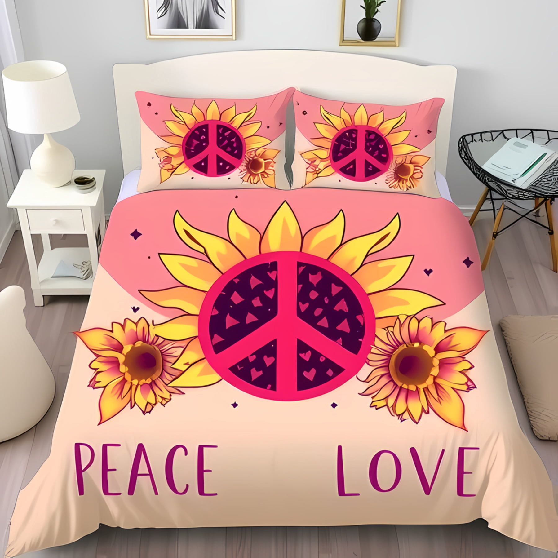 3-Piece Duvet Cover Set with Vibrant Sunflower Peace Sign Design ...