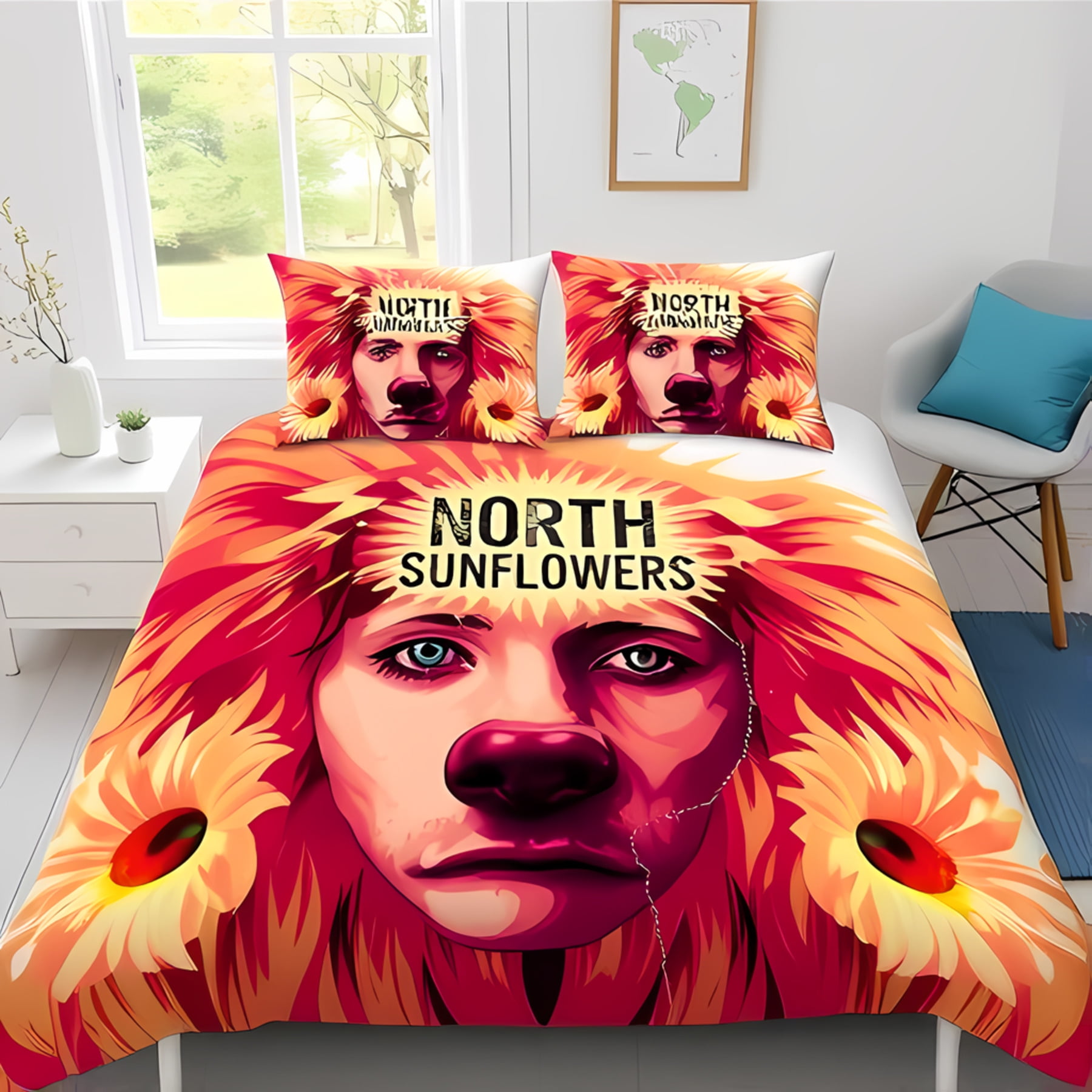 3-Piece Duvet Cover Set with Vibrant Sunflower and Lion Face Design ...