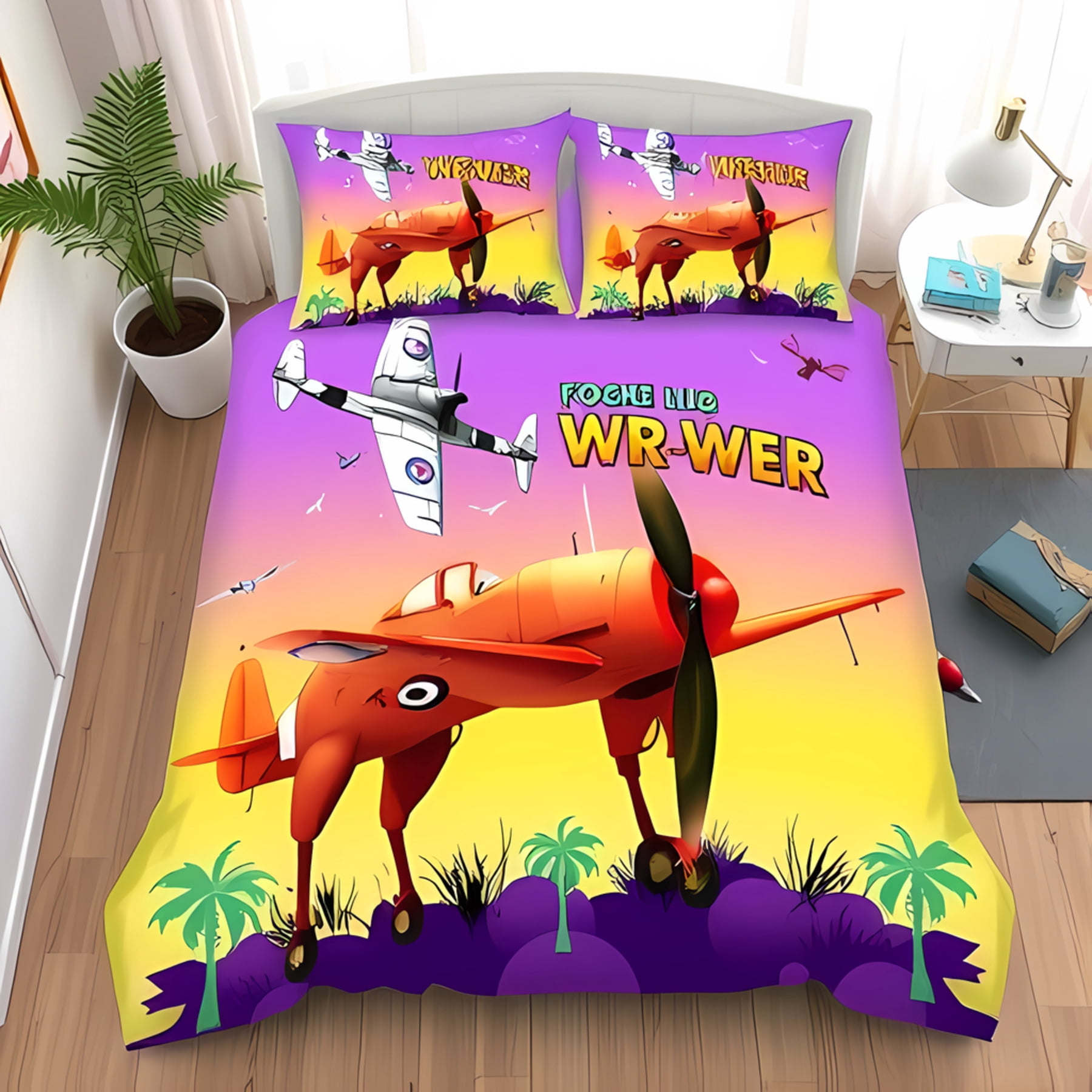 3-Piece Duvet Cover Set with Vibrant Sunset Airplane Design Colorful ...