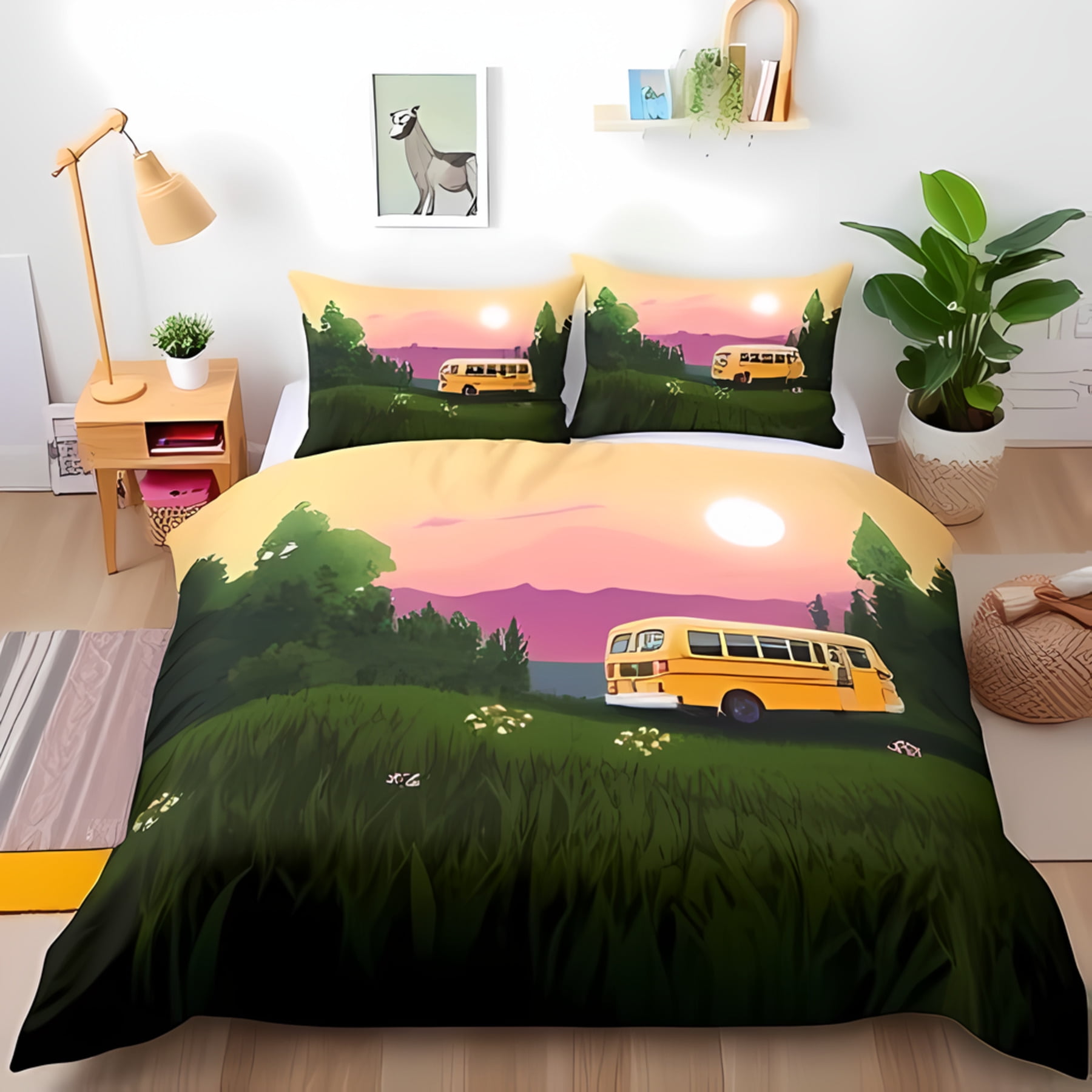 3-Piece Duvet Cover Set with Vibrant Sunset Scene & Cheerful Yellow ...