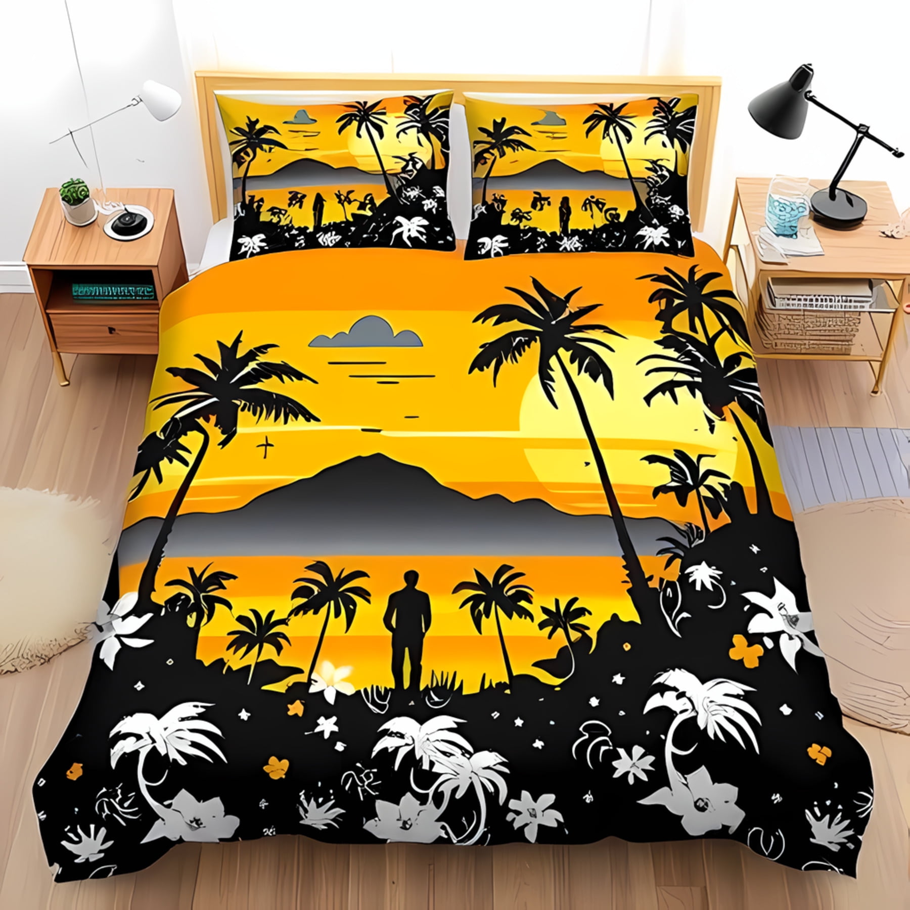 3-Piece Duvet Cover Set with Vibrant Sunset Scene Tree Silhouettes ...