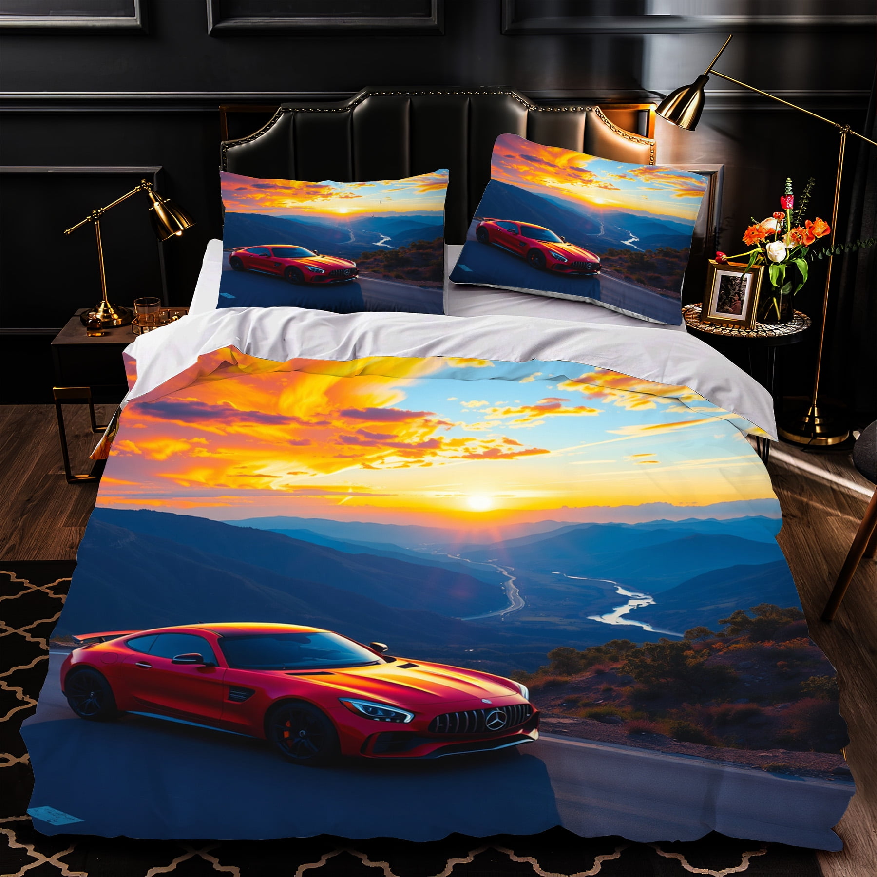 3-Piece Duvet Cover Set with Vibrant Sunset and Red Sports Car Design ...