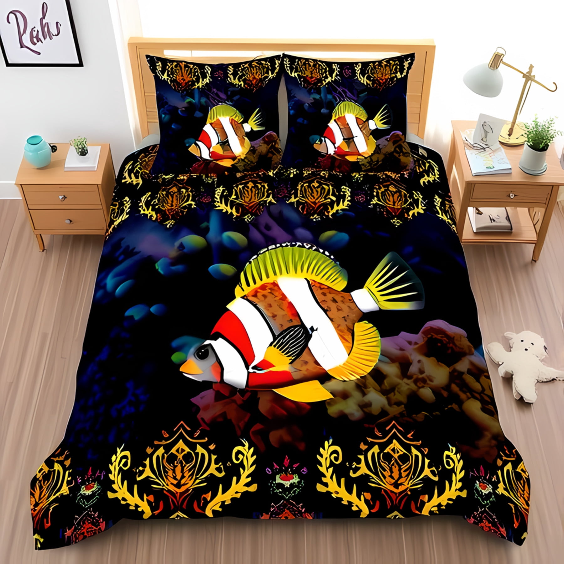 3-Piece Duvet Cover Set with Vibrant Underwater Scene Navy & Gold ...