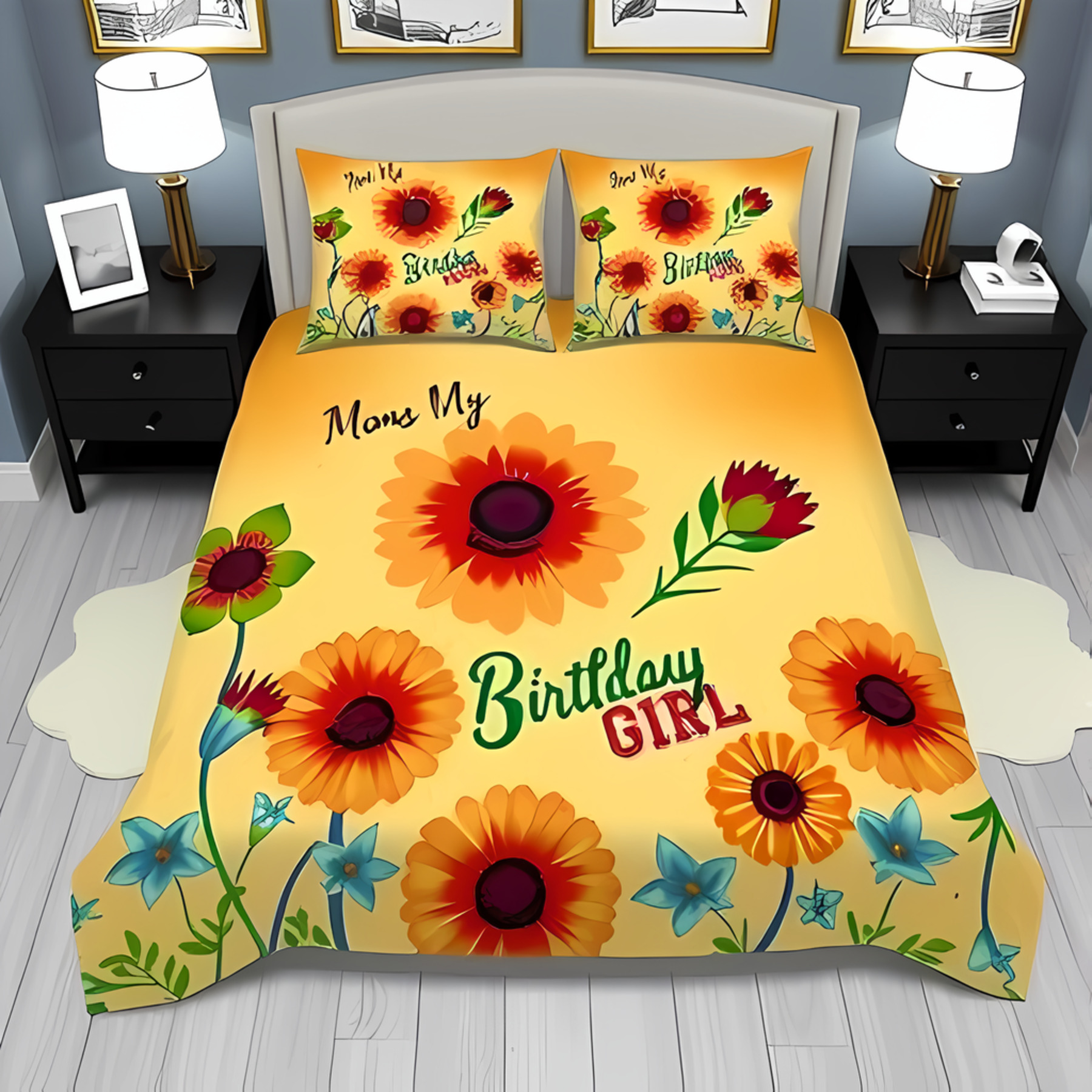 3-Piece Duvet Cover Set with Vibrant Yellow Sunflower and Floral Design ...