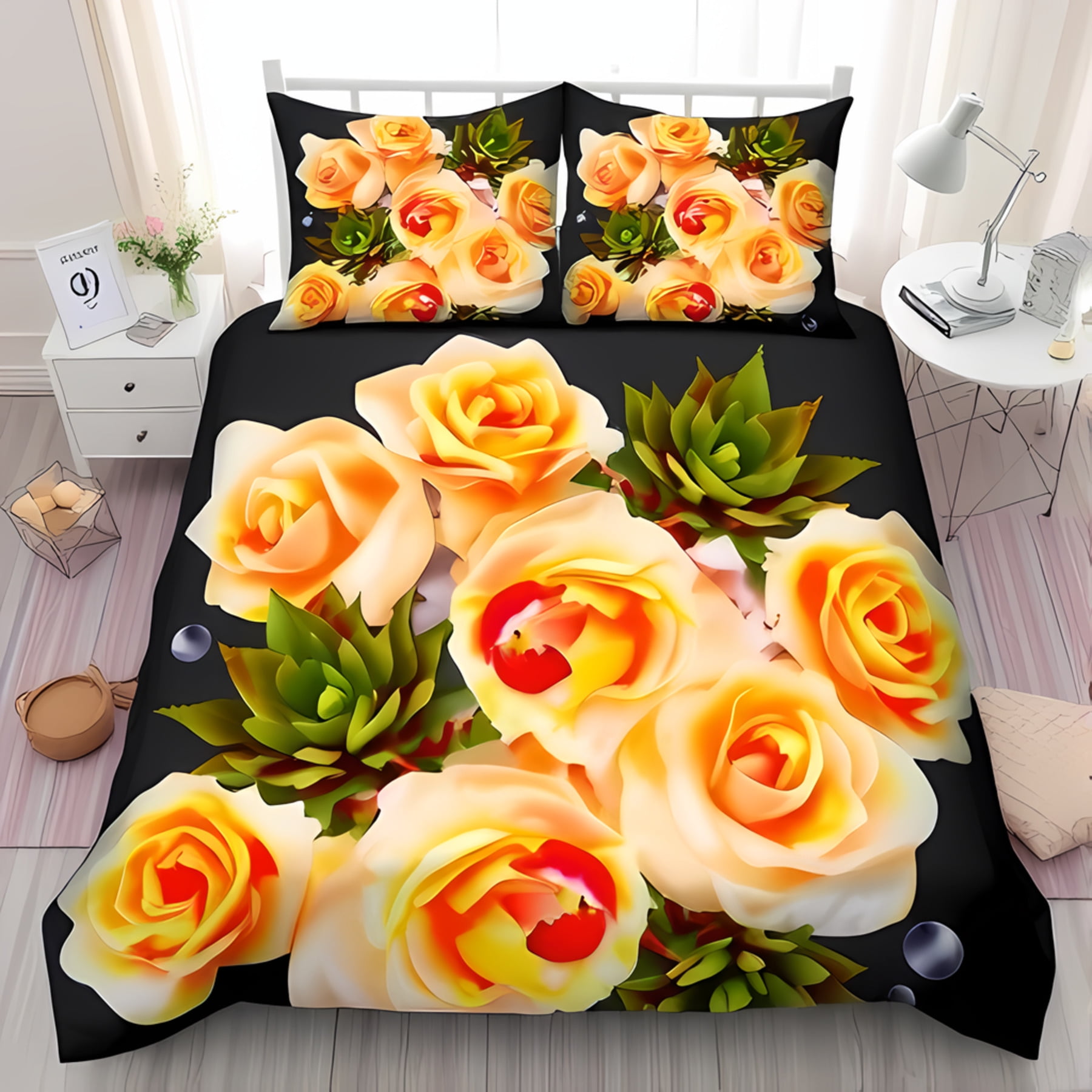 3-Piece Duvet Cover Set with Vibrant Yellow and Peach Roses on Black ...