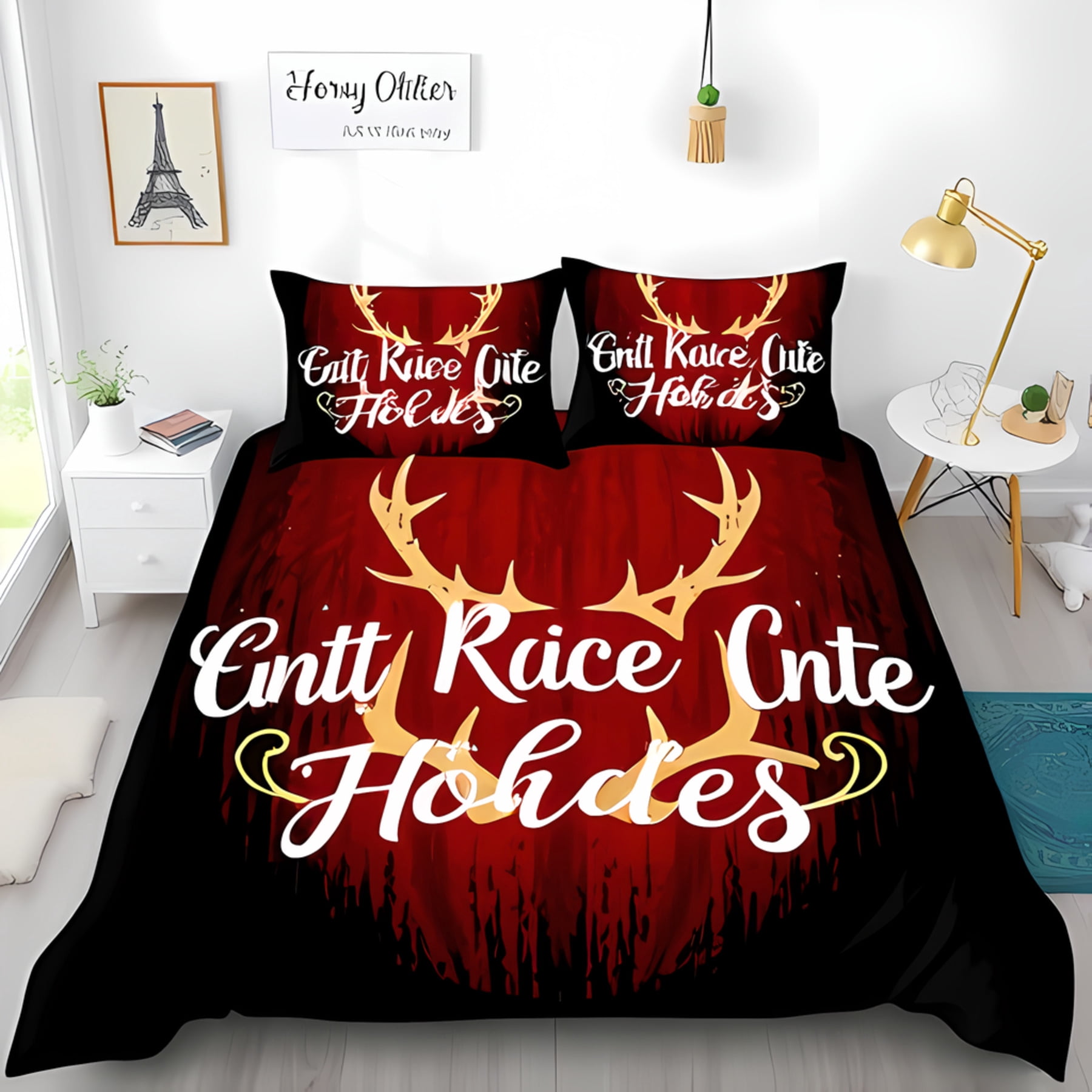 3-Piece Duvet Cover Set with Vintage Red Background & Gold Antlers ...