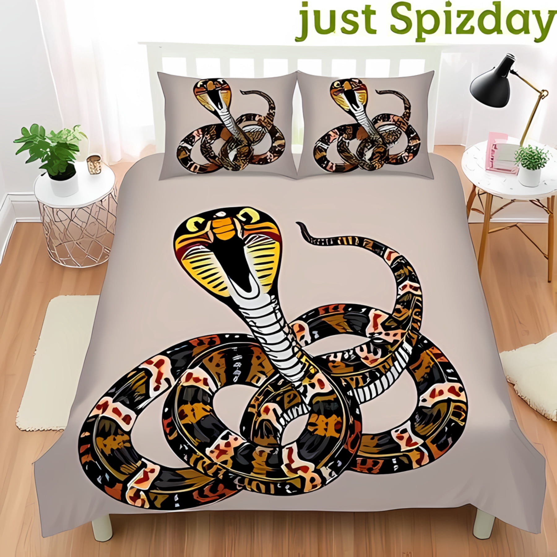 3-Piece Duvet Cover Set with Vivid Snake Design in Deep Black Bright ...