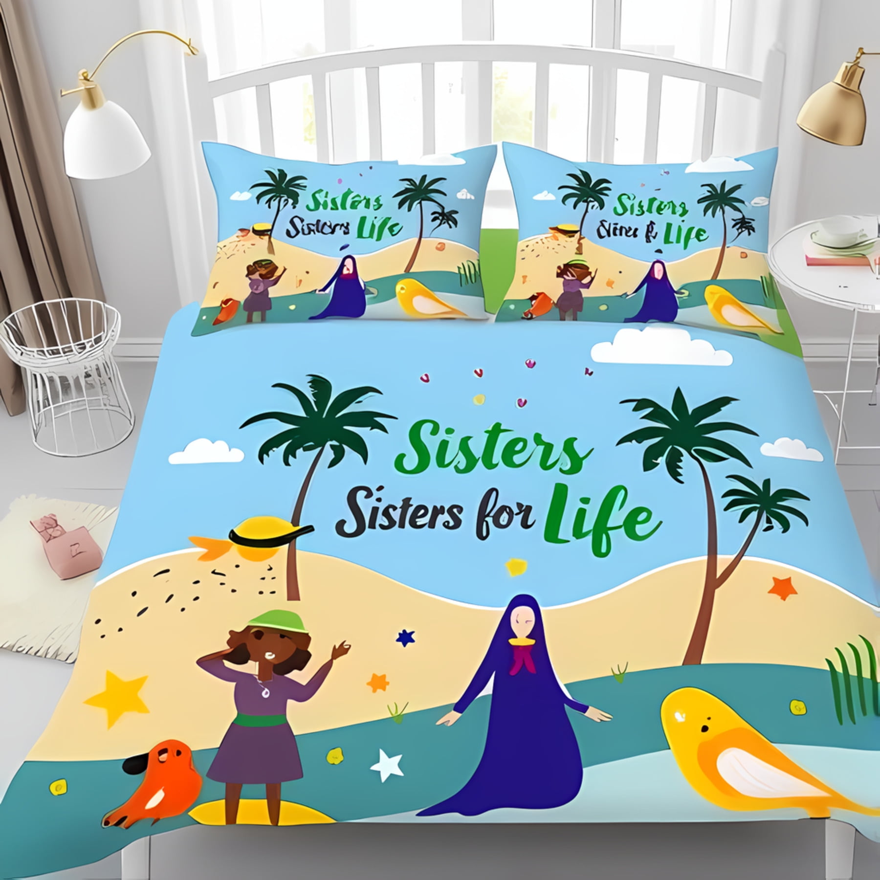 3-Piece Duvet Cover Set with Whimsical Beach Scene Trees & Cartoon ...