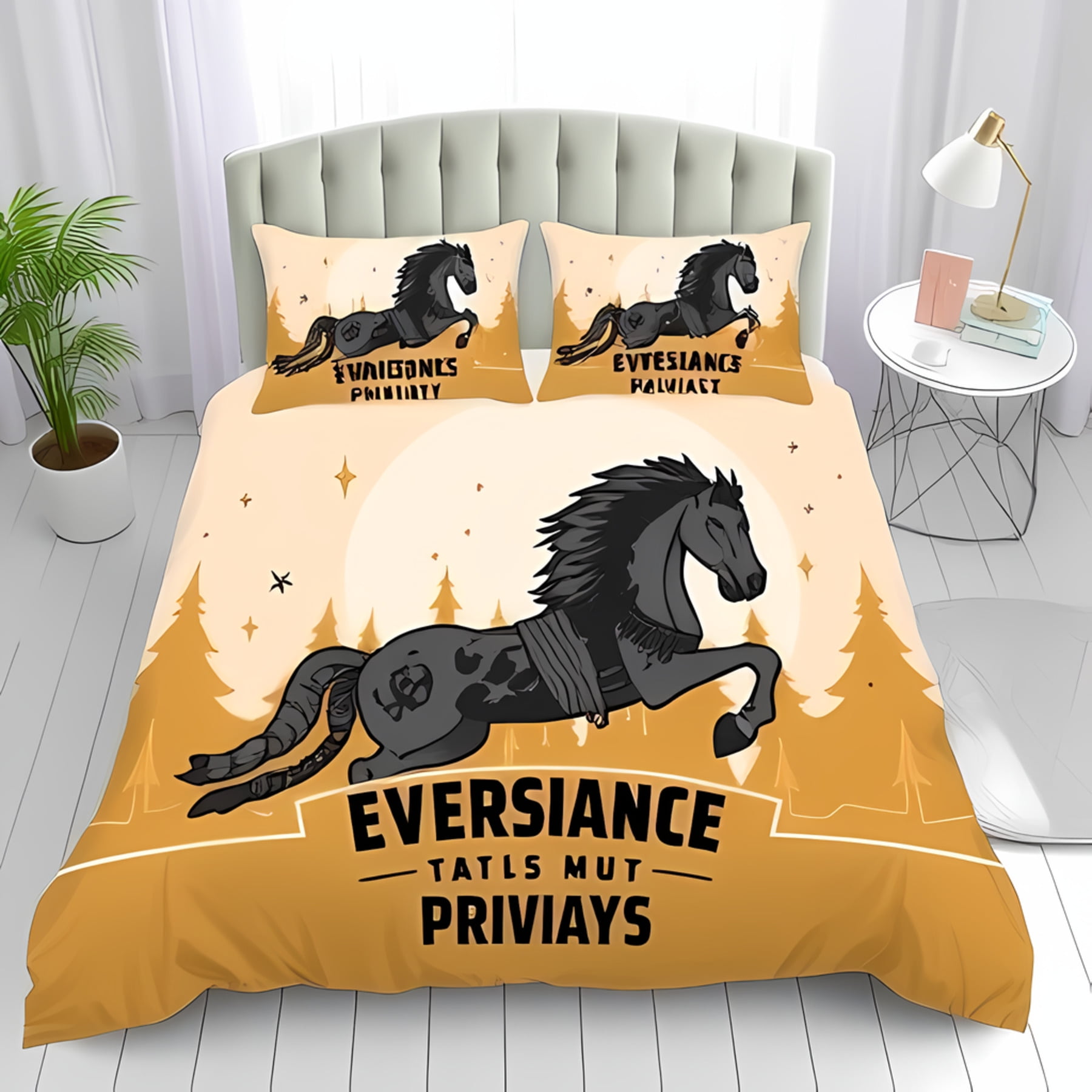 3-Piece Duvet Cover Set with Whimsical Black Horse Design Light Brown ...