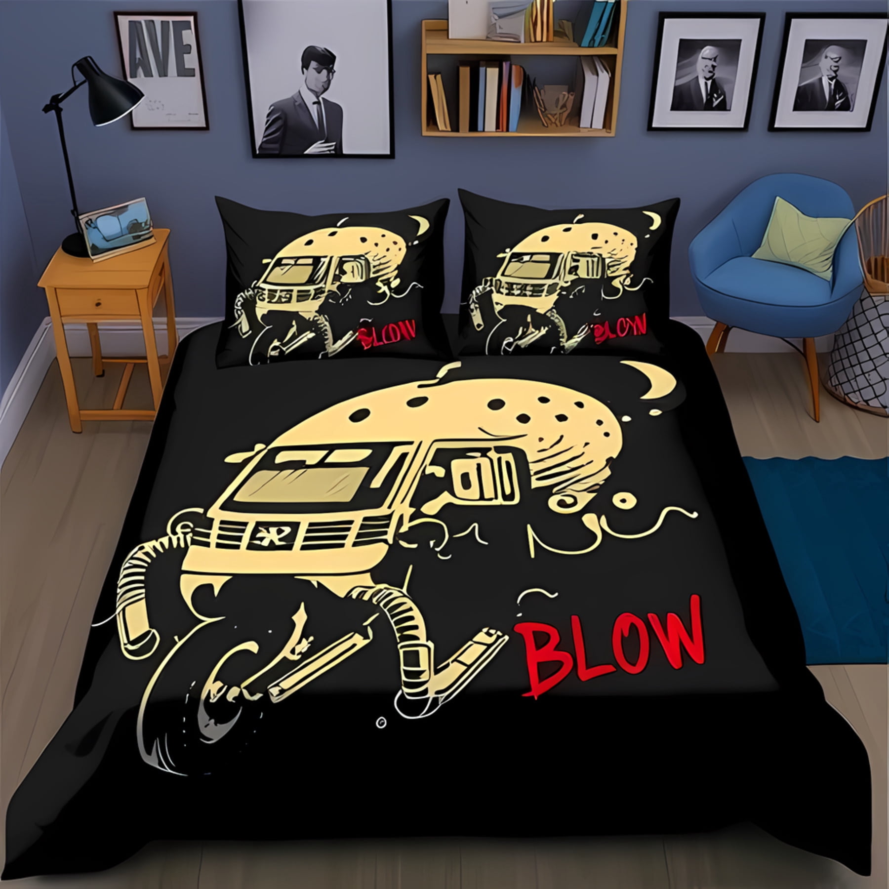 3-Piece Duvet Cover Set with Whimsical Black and Yellow Vehicle Design ...