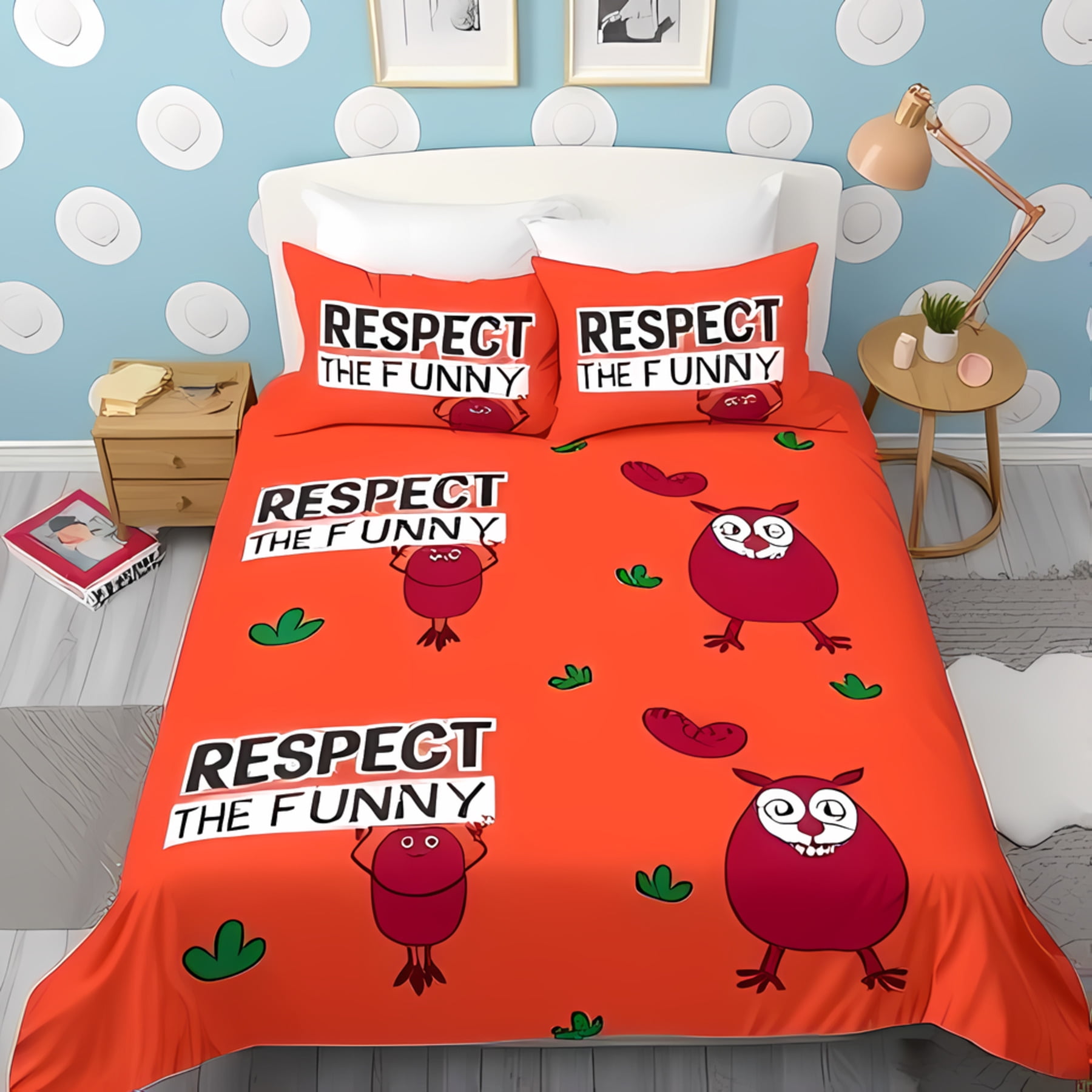 3-Piece Duvet Cover Set with Whimsical Cartoon Birds & " RESPECT THE ...