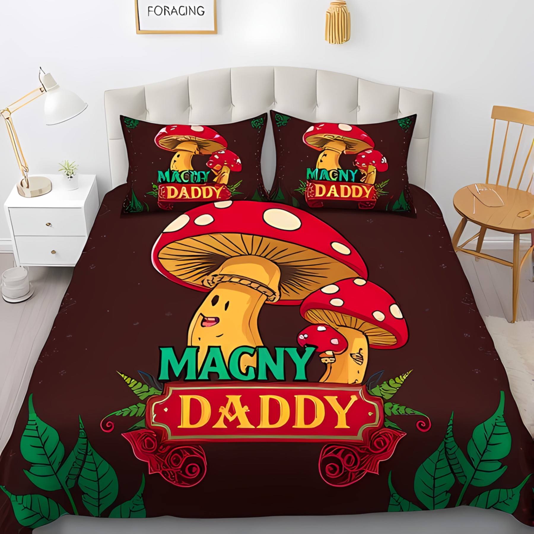 3-Piece Duvet Cover Set with Whimsical Cartoon Mushroom Design Bright Red & Bold 'MAGNY DADDY ...