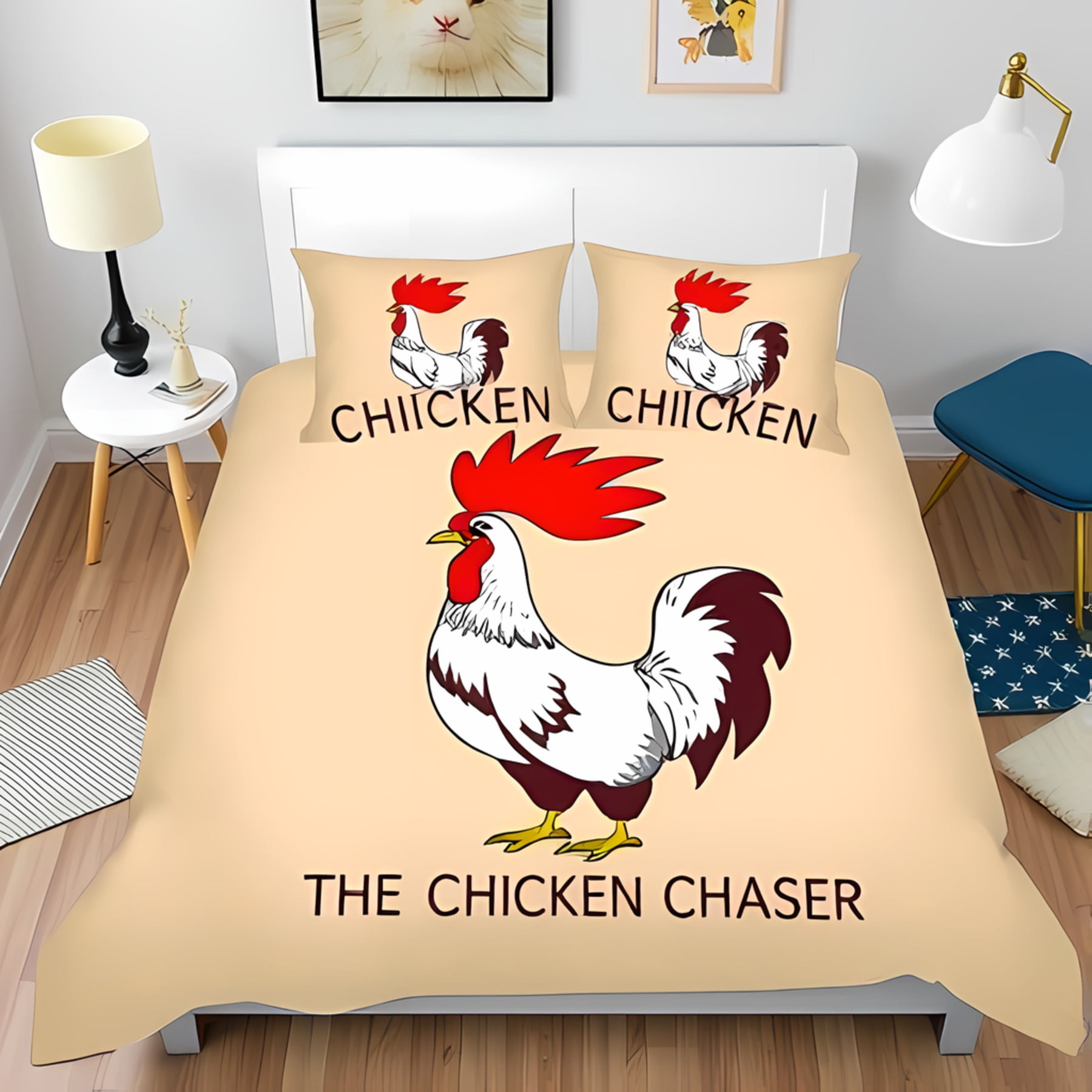 3-Piece Duvet Cover Set with Whimsical Cartoon Rooster Design & " THE ...