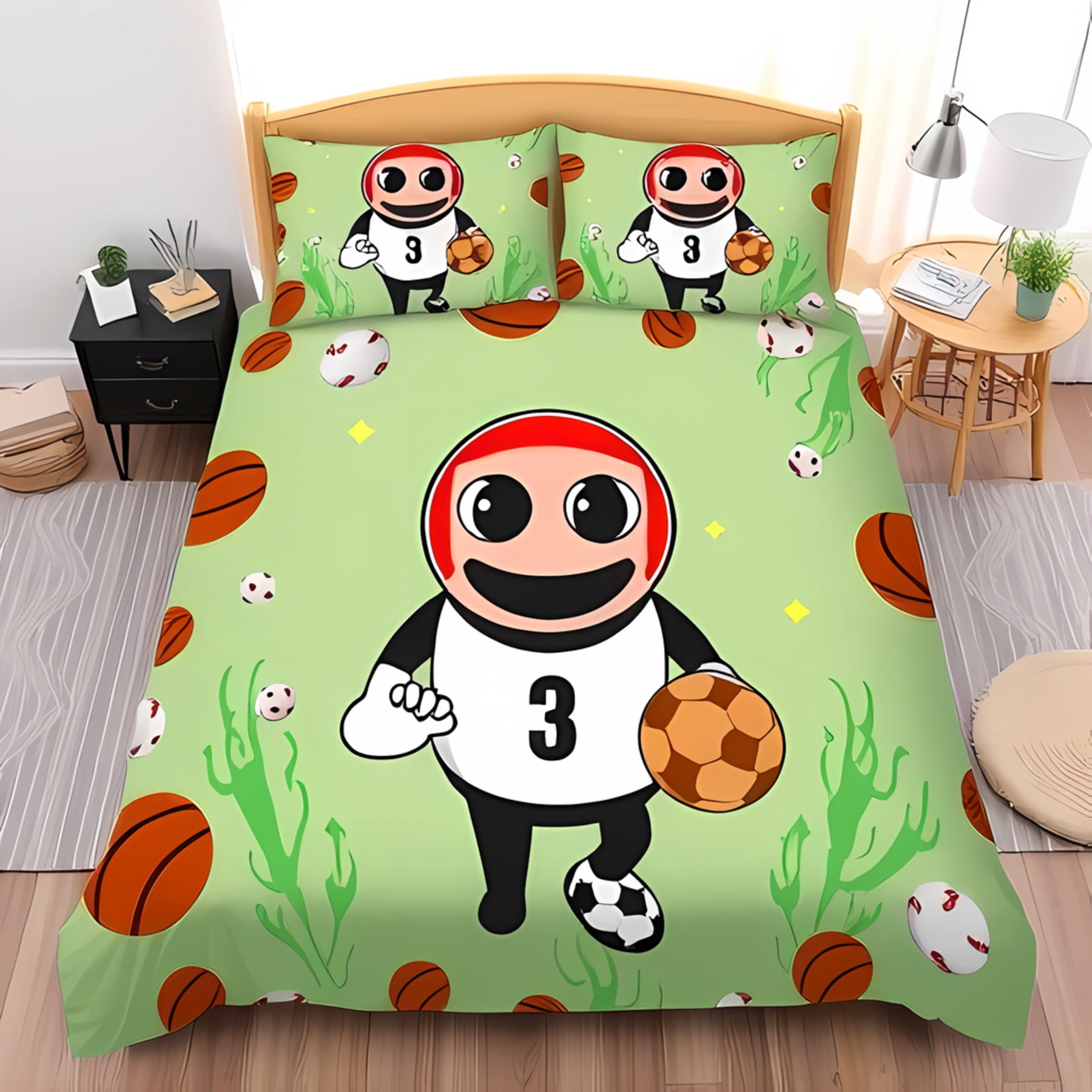 3-Piece Duvet Cover Set with Whimsical Cartoon Sports Character Bright ...