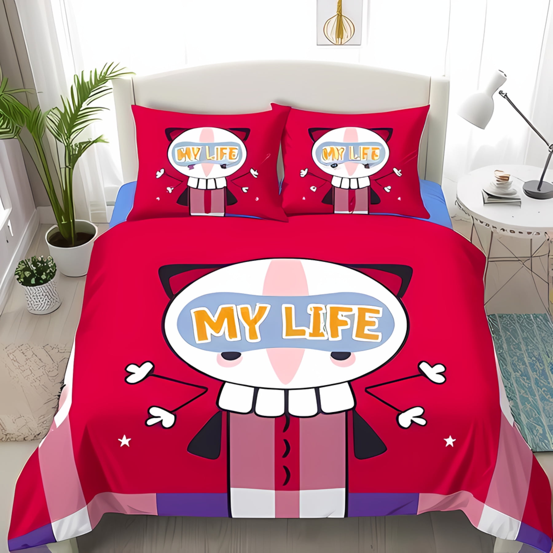 3-Piece Duvet Cover Set with Whimsical Character Design on Red ...