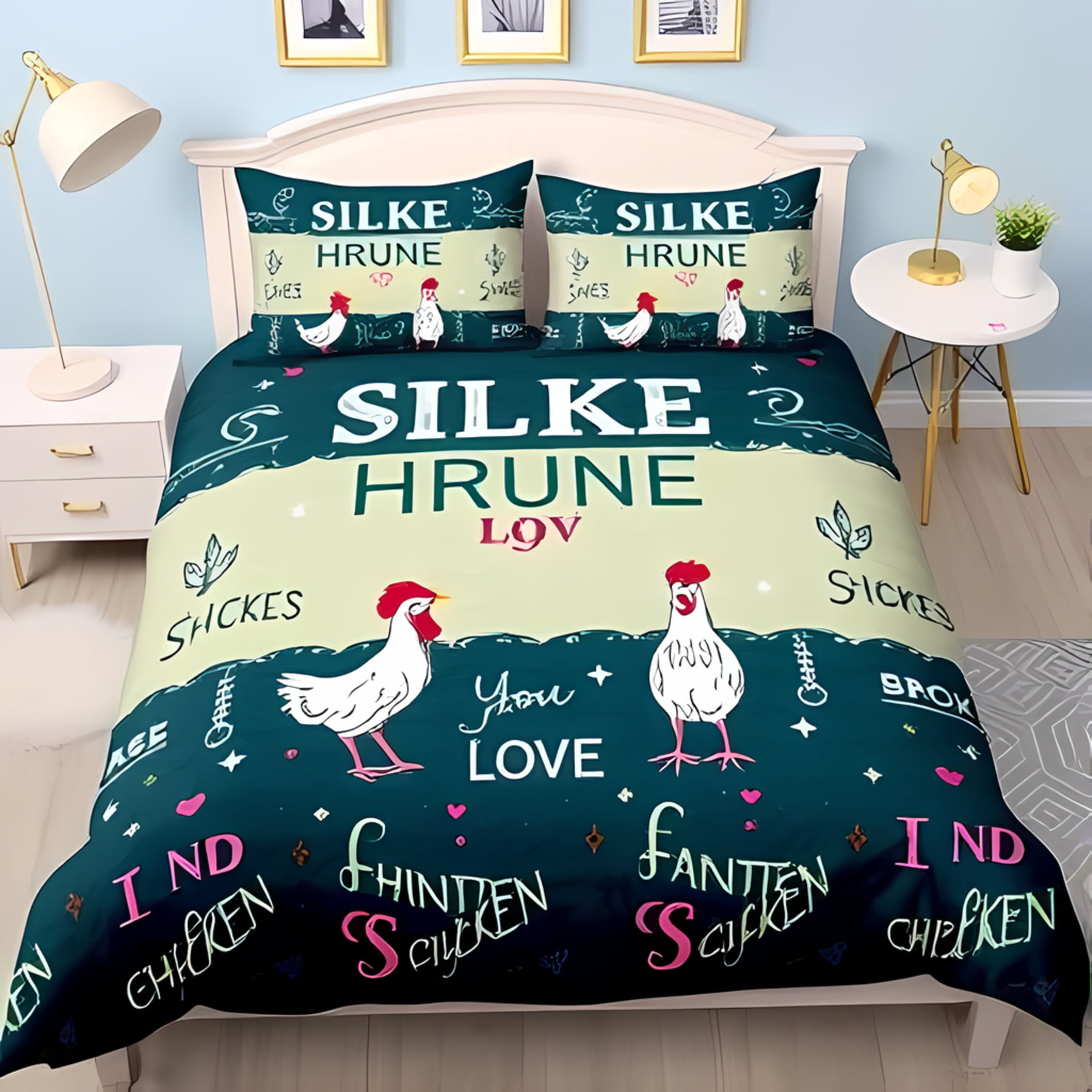 3-Piece Duvet Cover Set with Whimsical Chicken Motifs and Playful Text ...