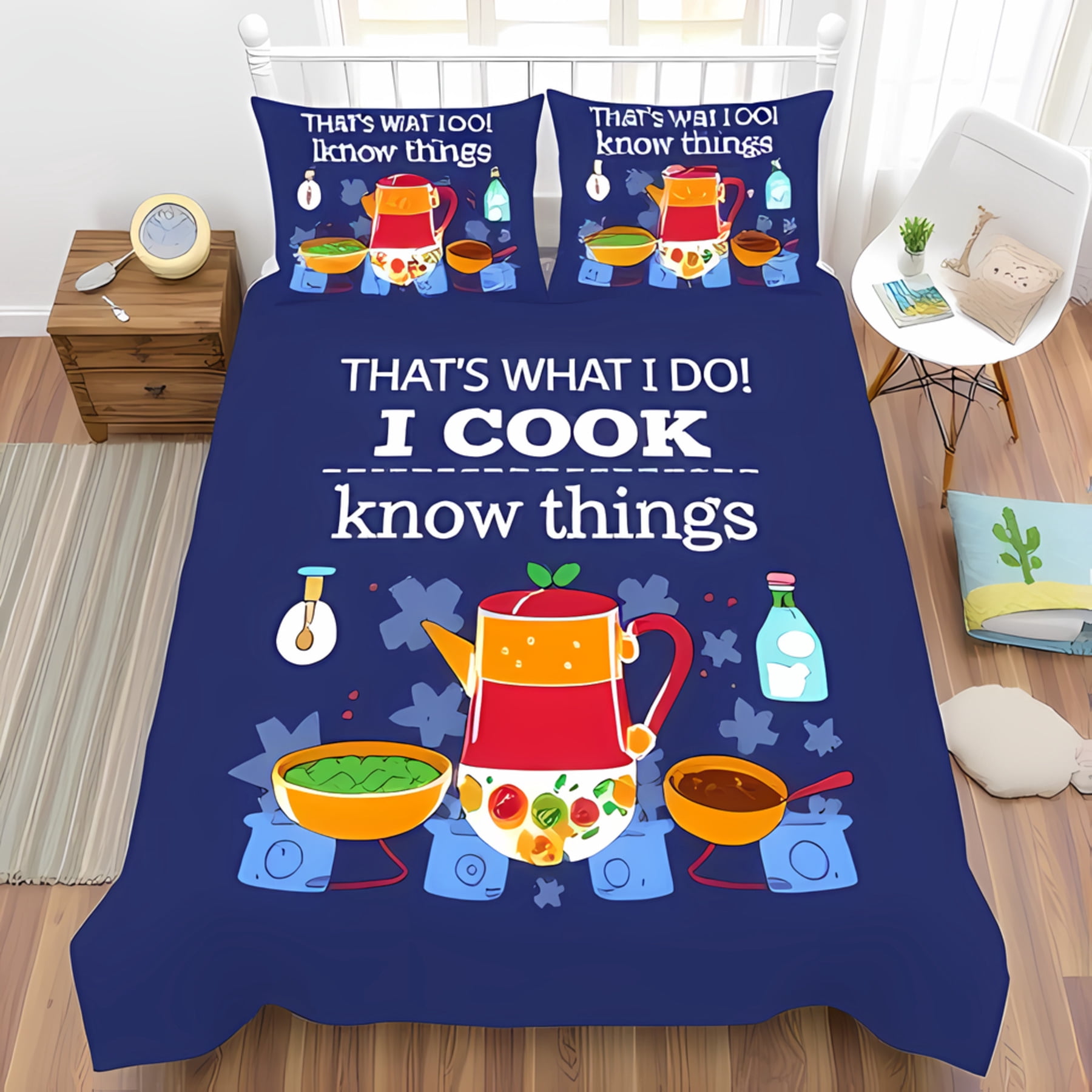 3-Piece Duvet Cover Set with Whimsical Cooking Design - Navy Blue ...