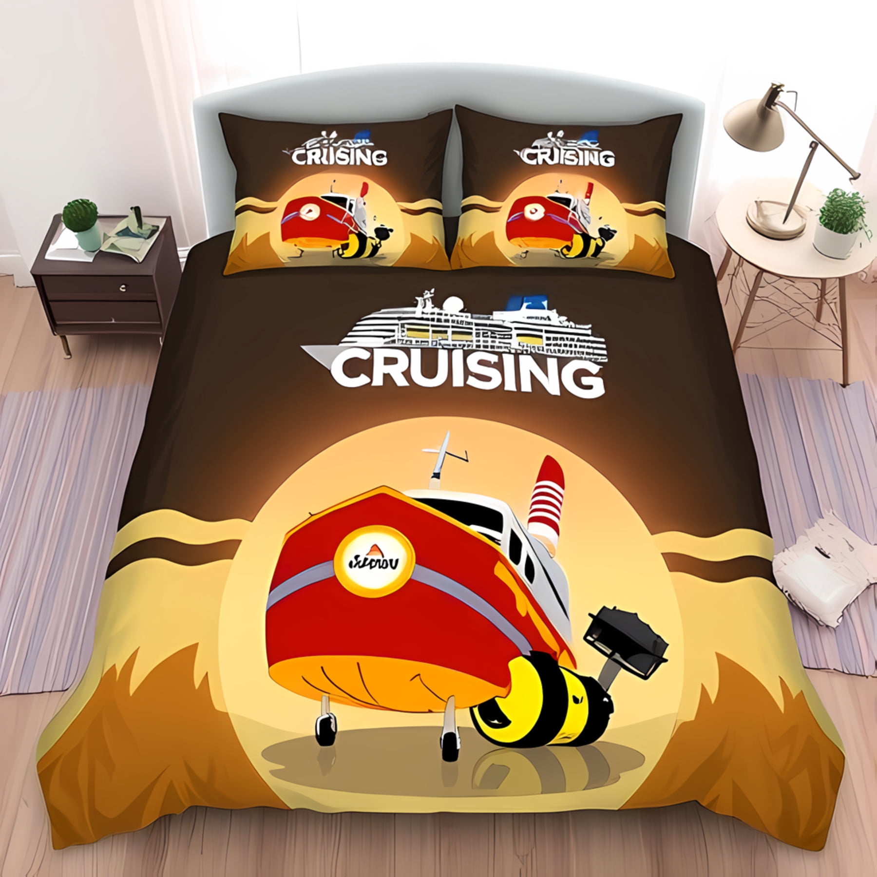 3-Piece Duvet Cover Set with Whimsical Cruise Ship & Cartoon Aircraft ...