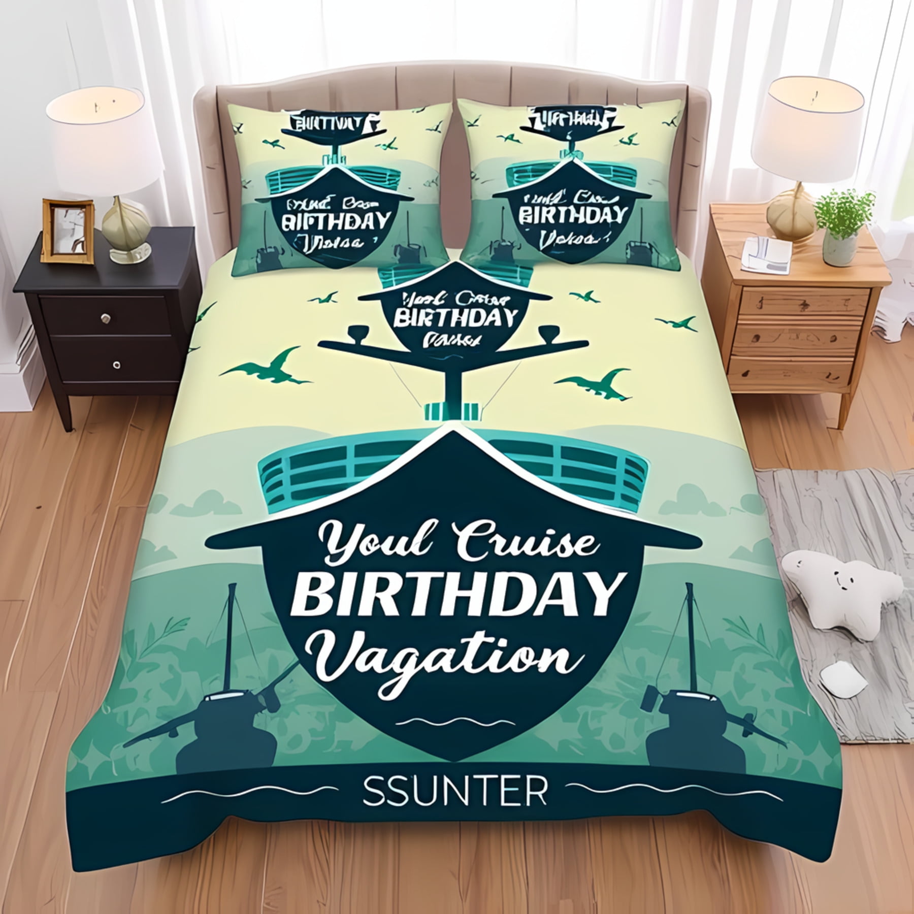 3-Piece Duvet Cover Set with Whimsical Cruise Ship Design Pastel Colors ...