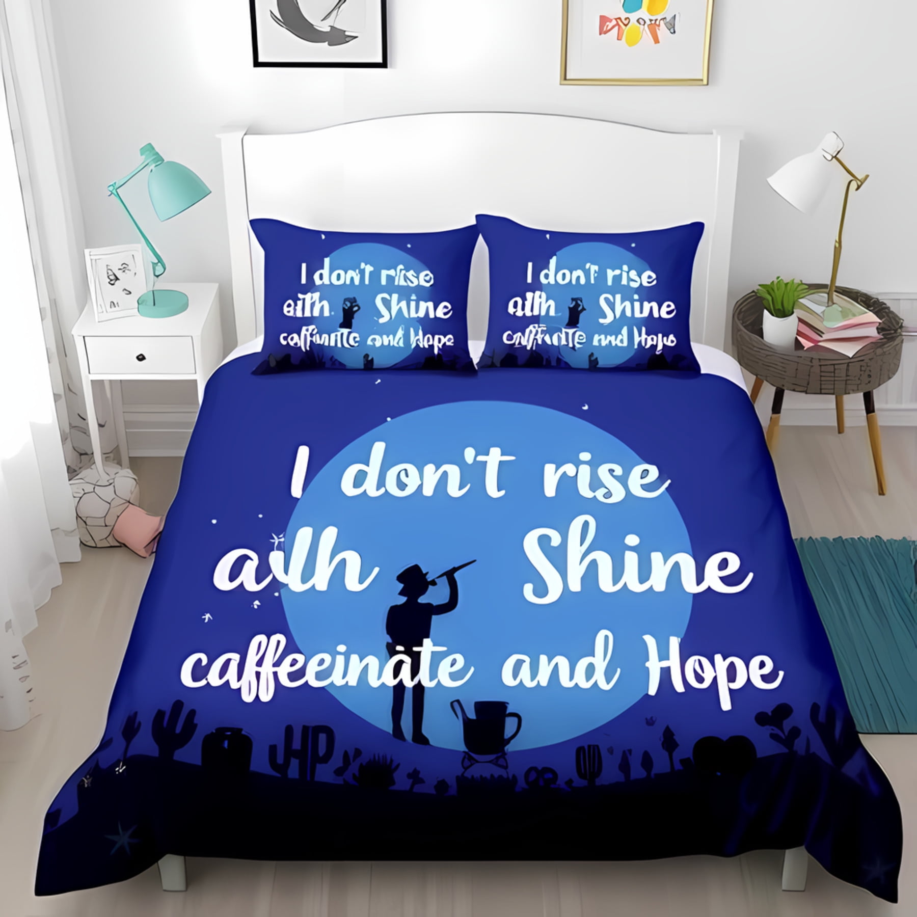 3-Piece Duvet Cover Set with Whimsical Design & Humorous Sayings - Cozy Deep Blue Bedding for ...
