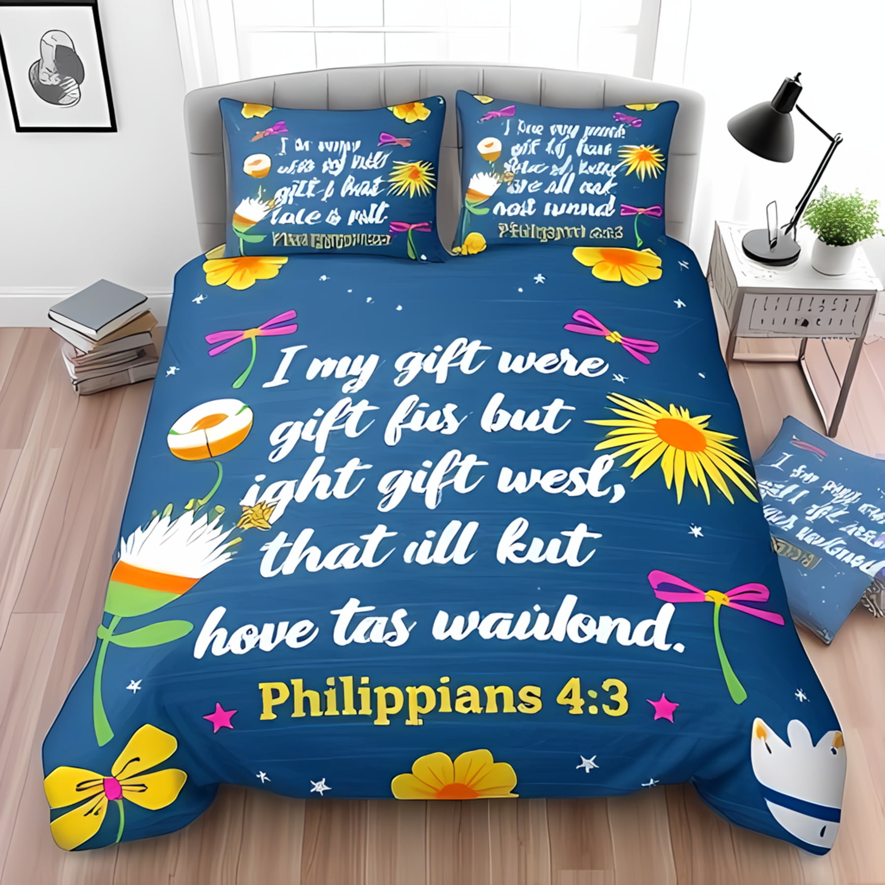 3-Piece Duvet Cover Set with Whimsical Floral Ribbon and Star Pattern ...