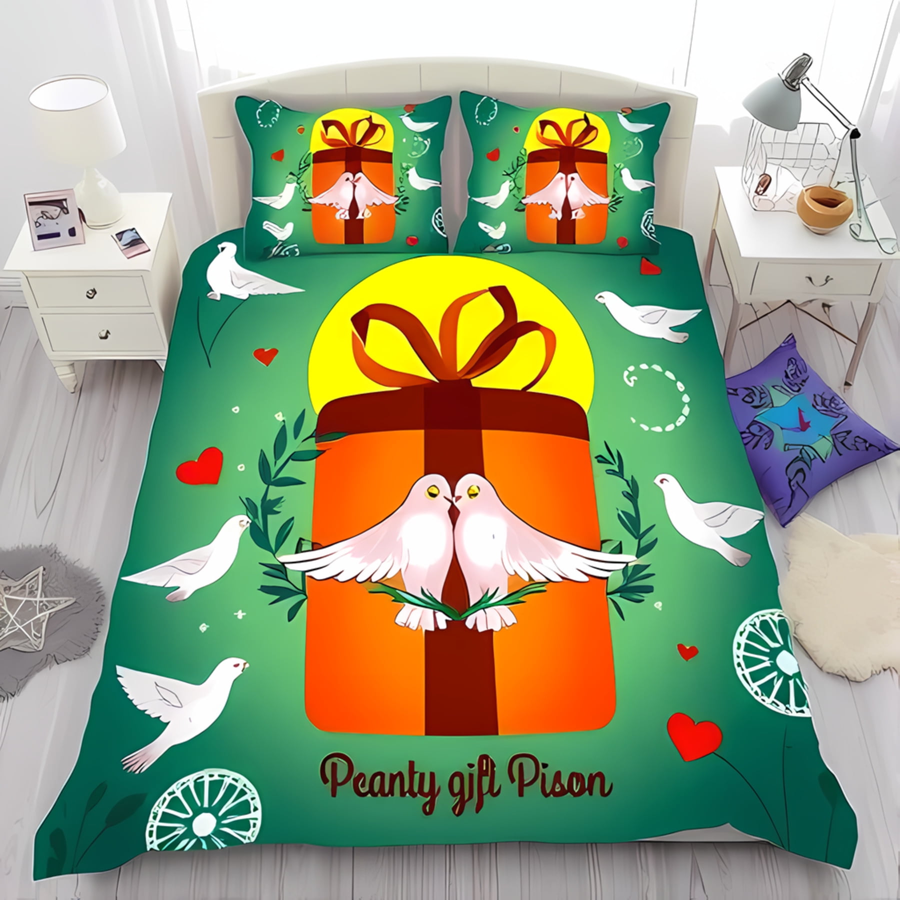 3-Piece Duvet Cover Set with Whimsical Gift Box Design Hearts & Doves ...