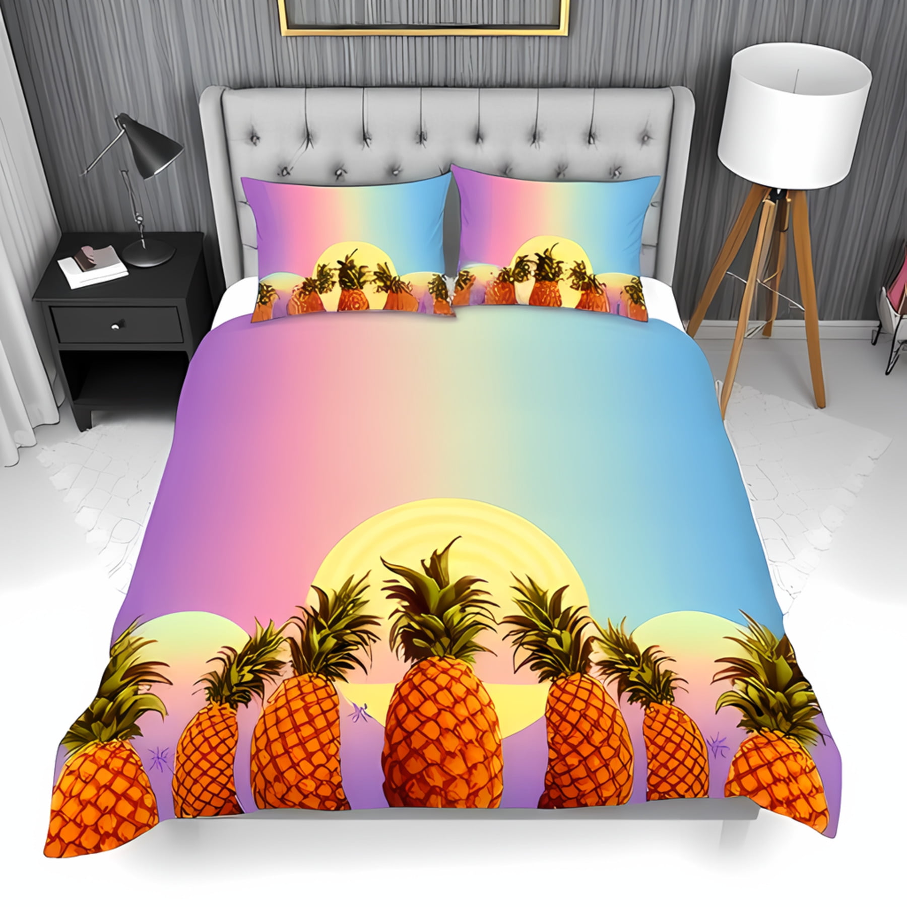 3-Piece Duvet Cover Set with Whimsical Golden Pineapples on Pastel Gradient Background ...
