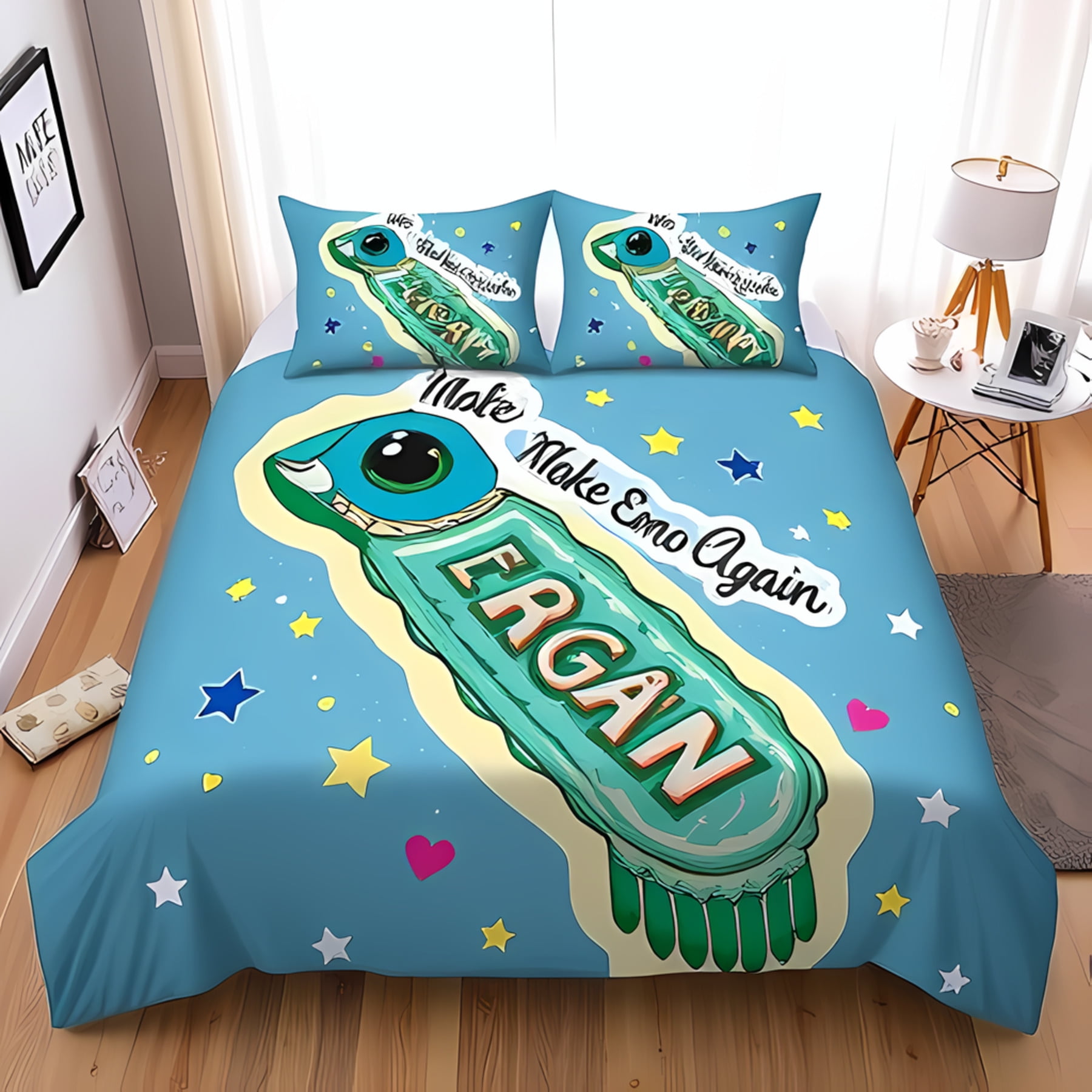 3-Piece Duvet Cover Set with Whimsical Green Design & 'Make Emo Again ...
