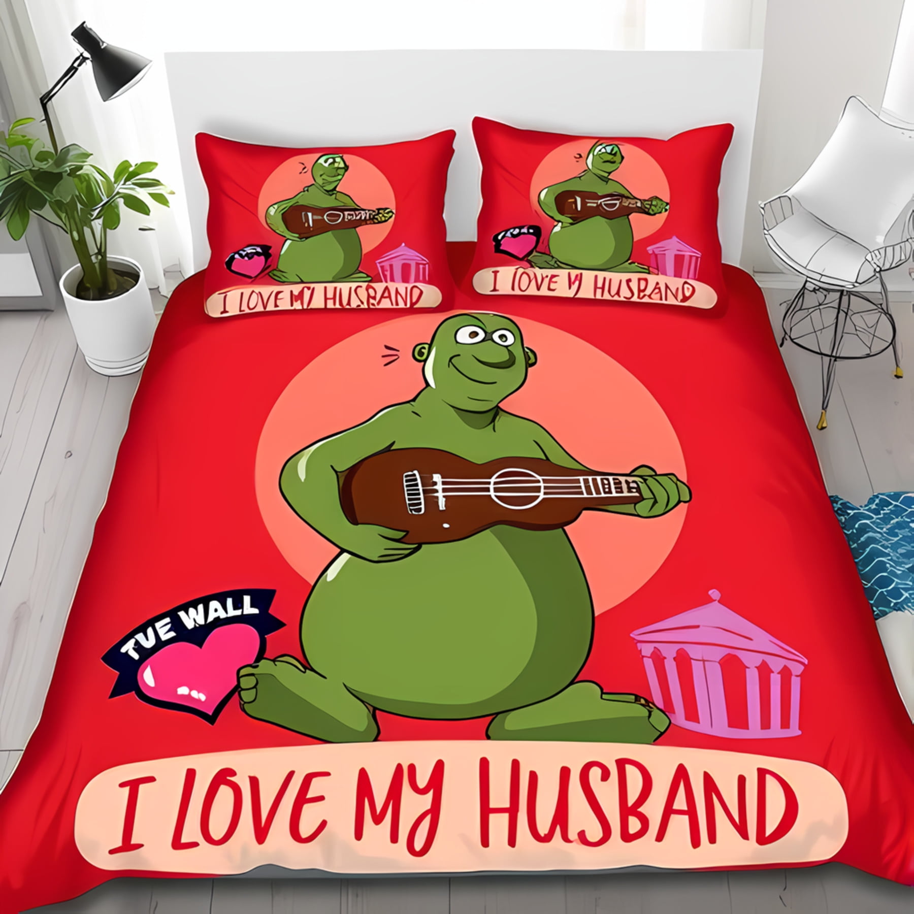 3-Piece Duvet Cover Set with Whimsical Green Guitar Character on ...