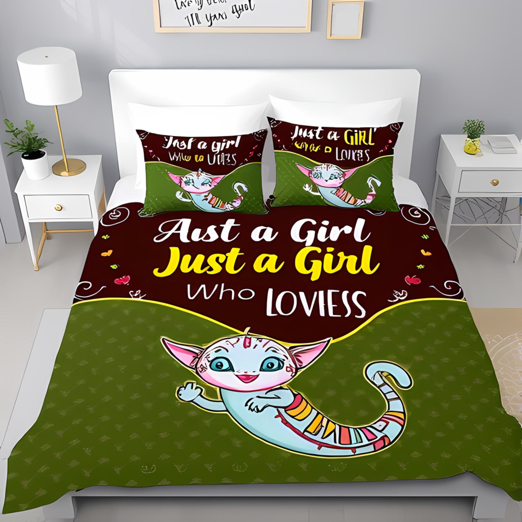 3-Piece Duvet Cover Set with Whimsical Light Blue Cat Creature ...