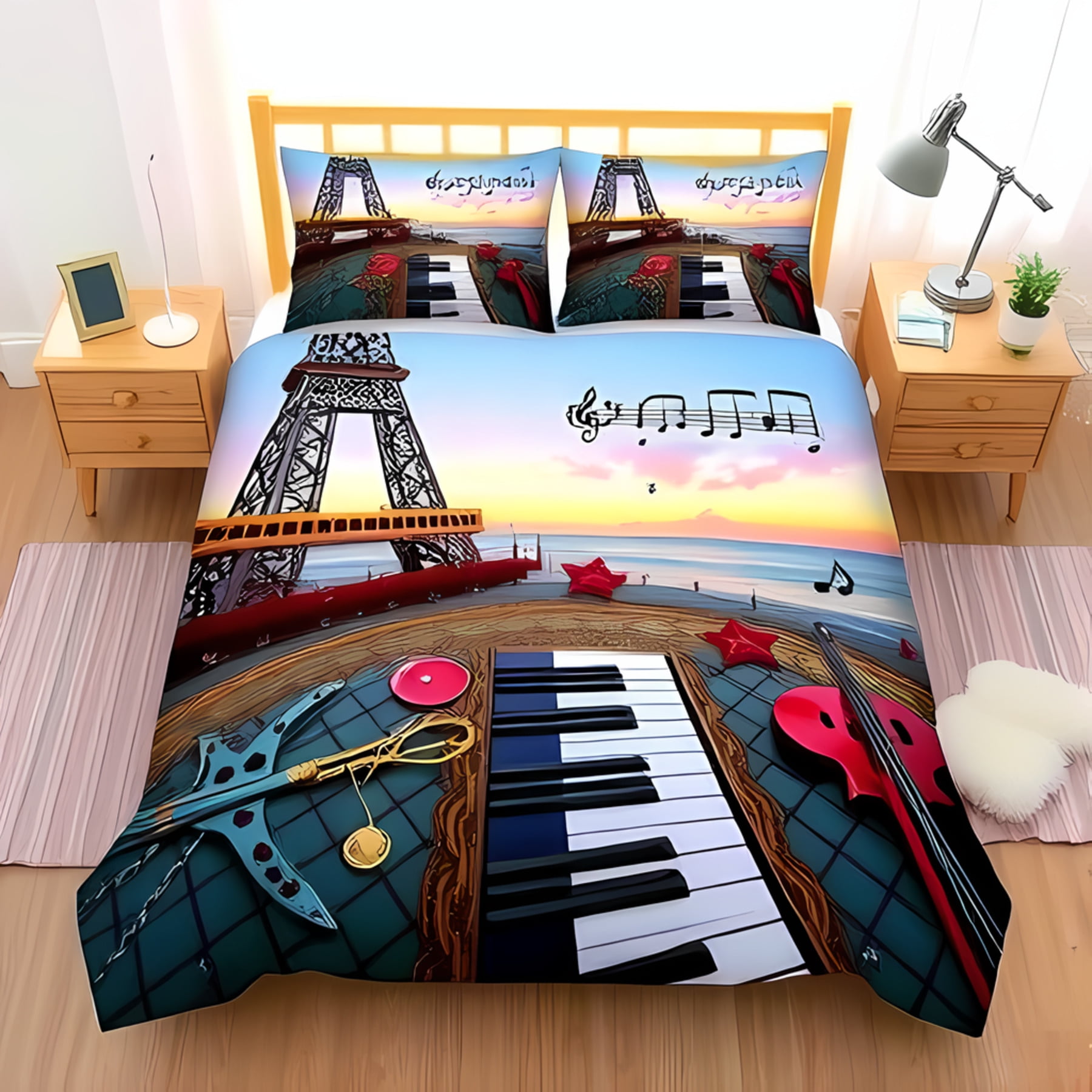 3-Piece Duvet Cover Set with Whimsical Piano Musical Notes & Starfish ...