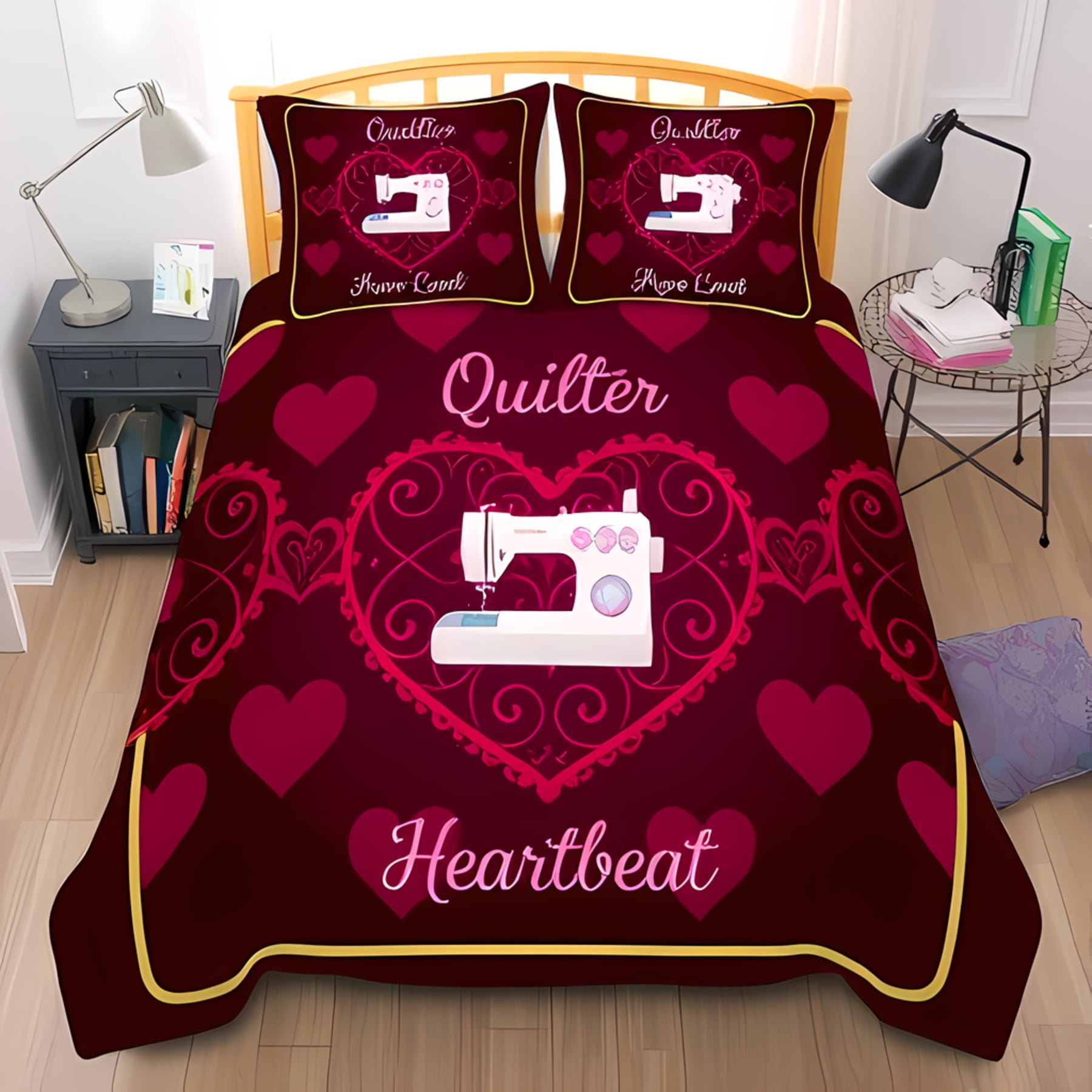 3-Piece Duvet Cover Set with Whimsical Quilting Design Deep Burgundy ...