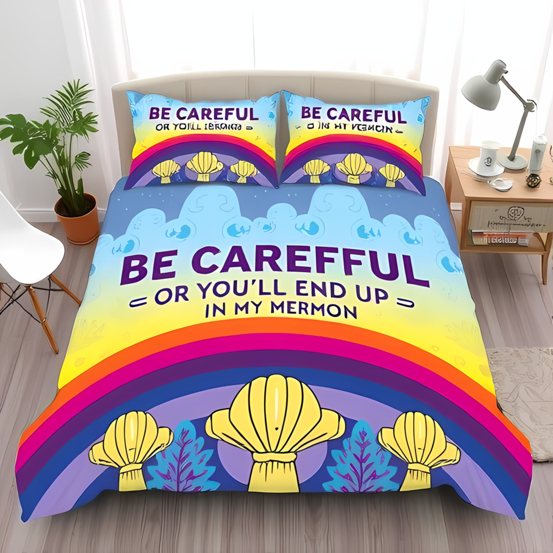 3-Piece Duvet Cover Set with Whimsical Rainbow Design & Fun 'BE CAREFUL ...