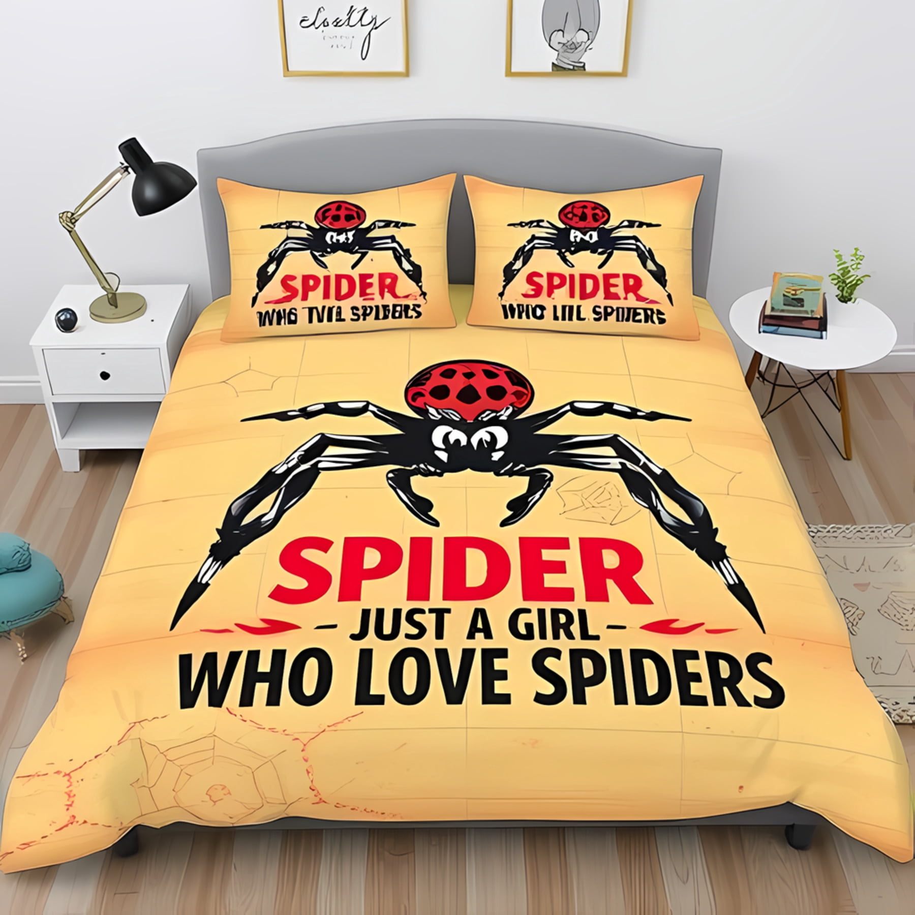 3-Piece Duvet Cover Set with Whimsical Spider Design on Bold Yellow ...