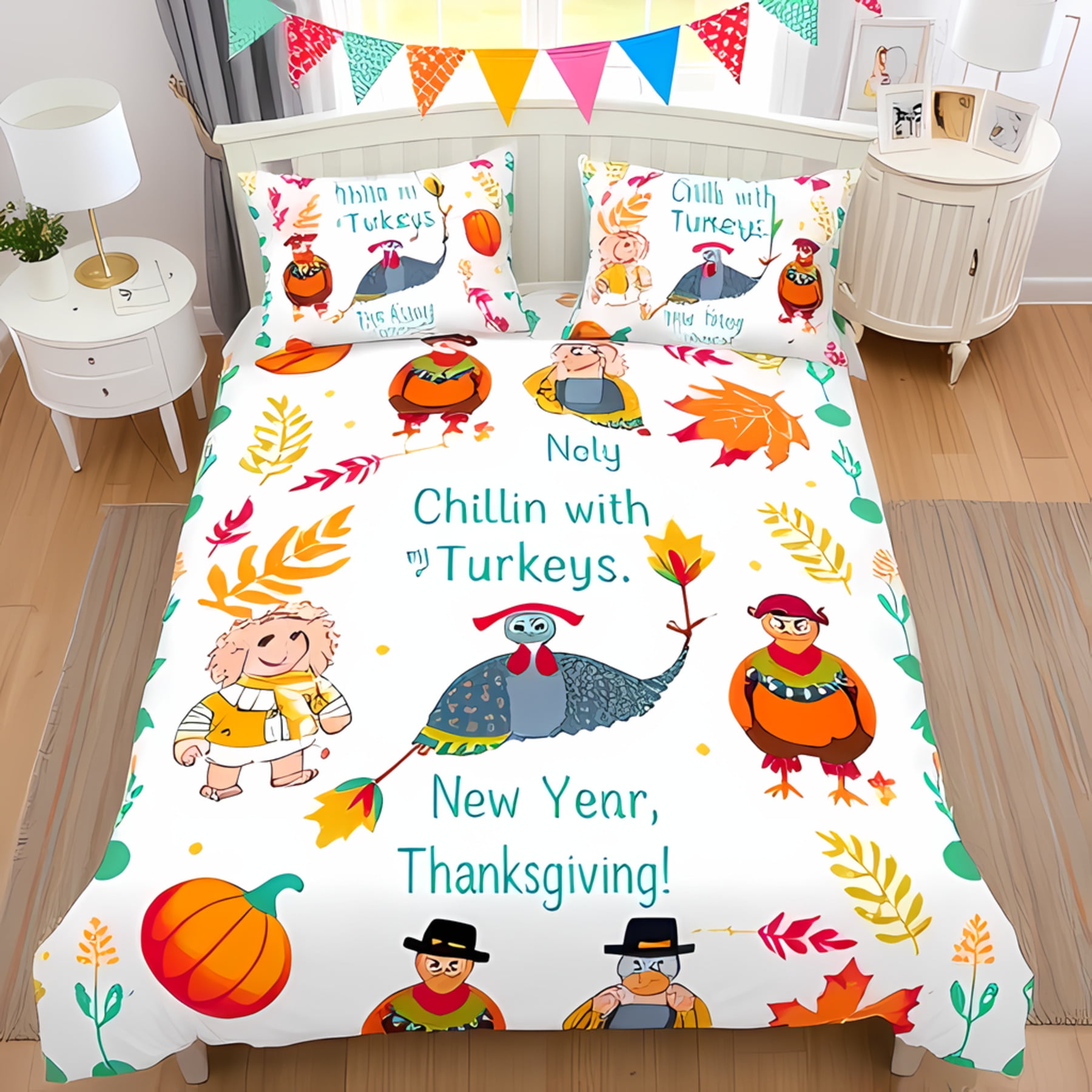 3-Piece Duvet Cover Set with Whimsical Thanksgiving Design Featuring ...
