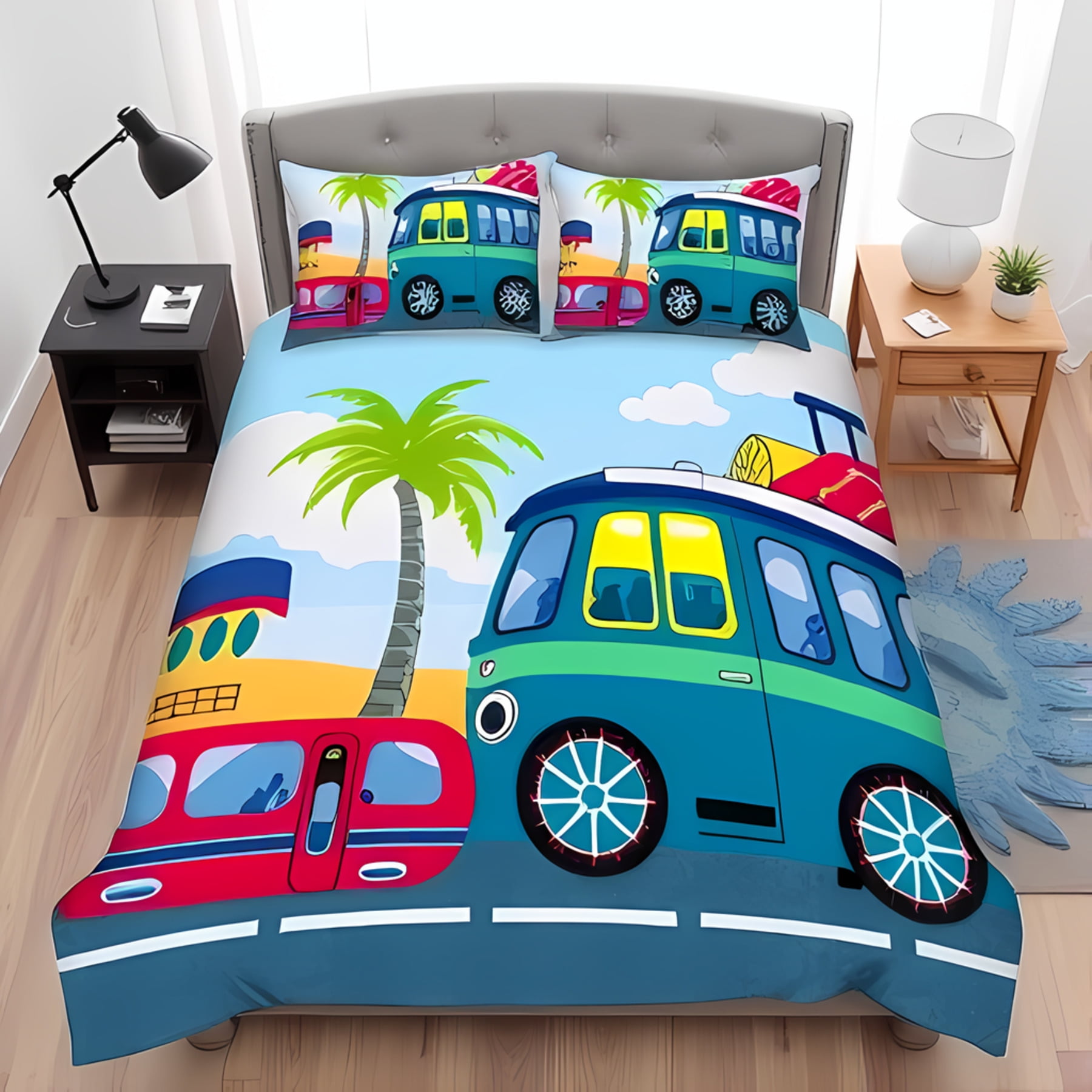 3-Piece Duvet Cover Set with Whimsical Transportation Pattern - Teal ...